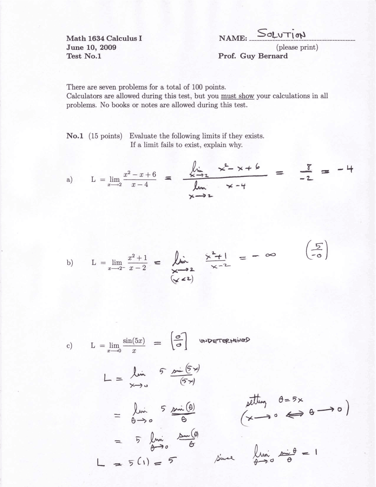 Test 1 Questions with Solutions - Calculus l | MATH 1634 - Docsity