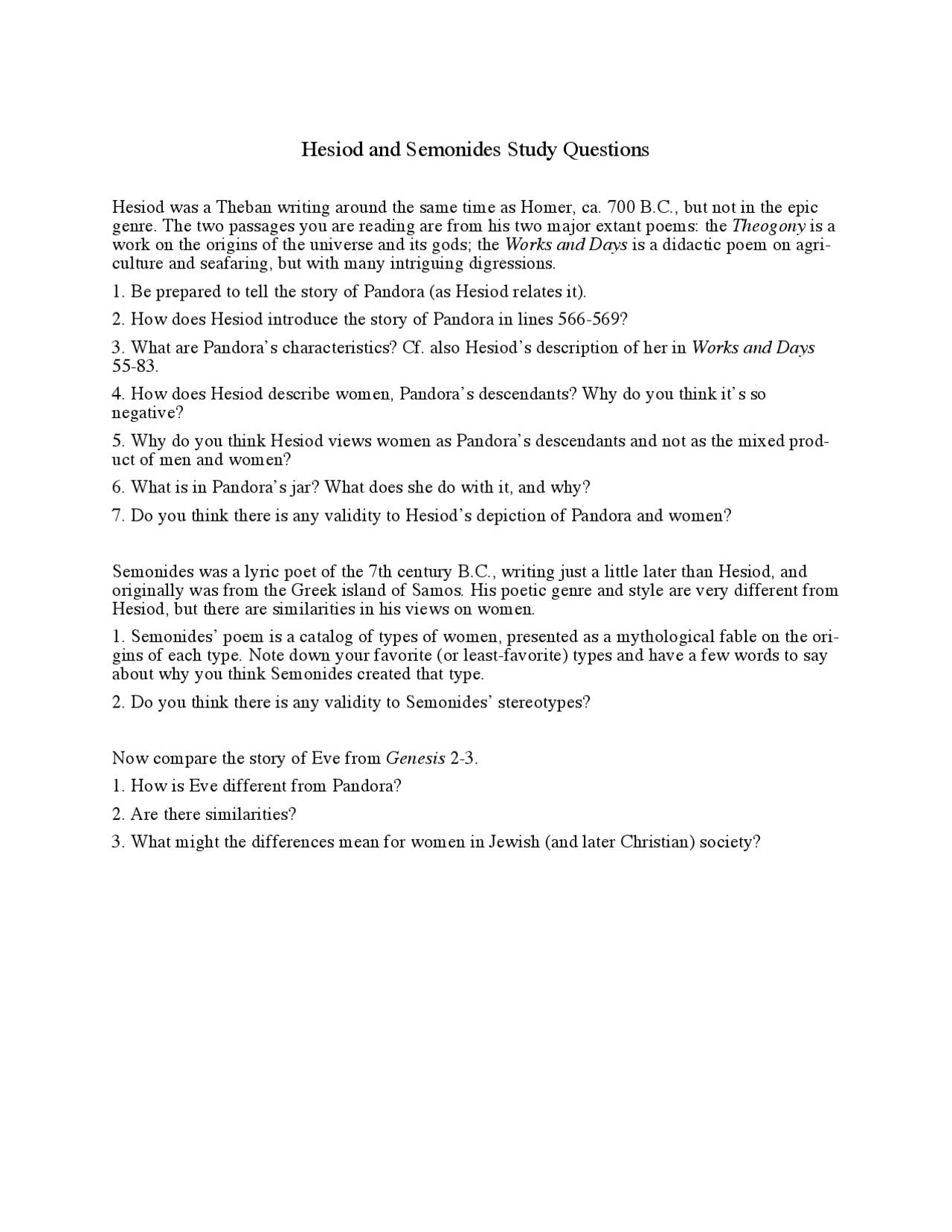 Women in Ancient Greece and Ro - Hesiod/Semonides Study Questions ...