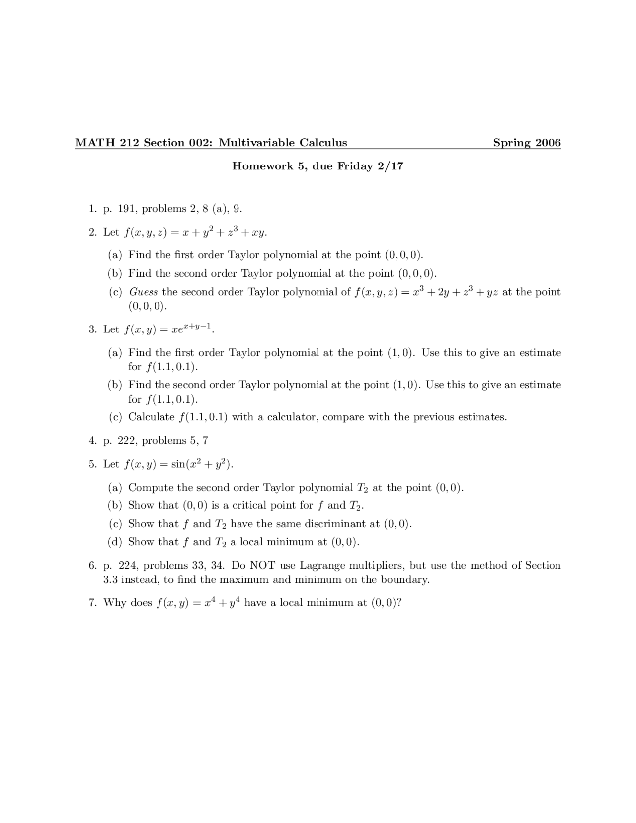Homework 5 Multivariable Calculus 7 Questions Math 212 Docsity