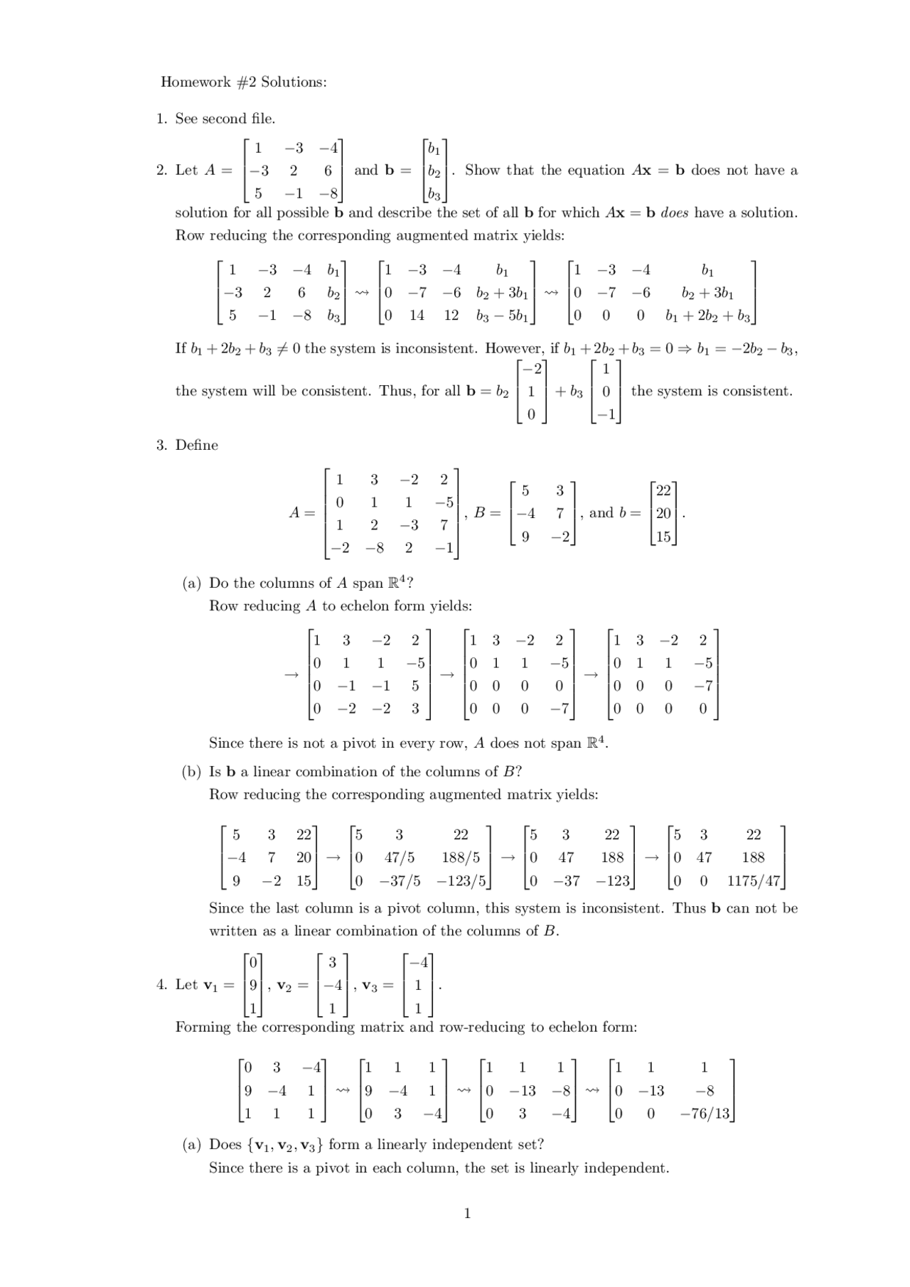 Homework 2 Solutions Linear Algebra Math 332 Docsity