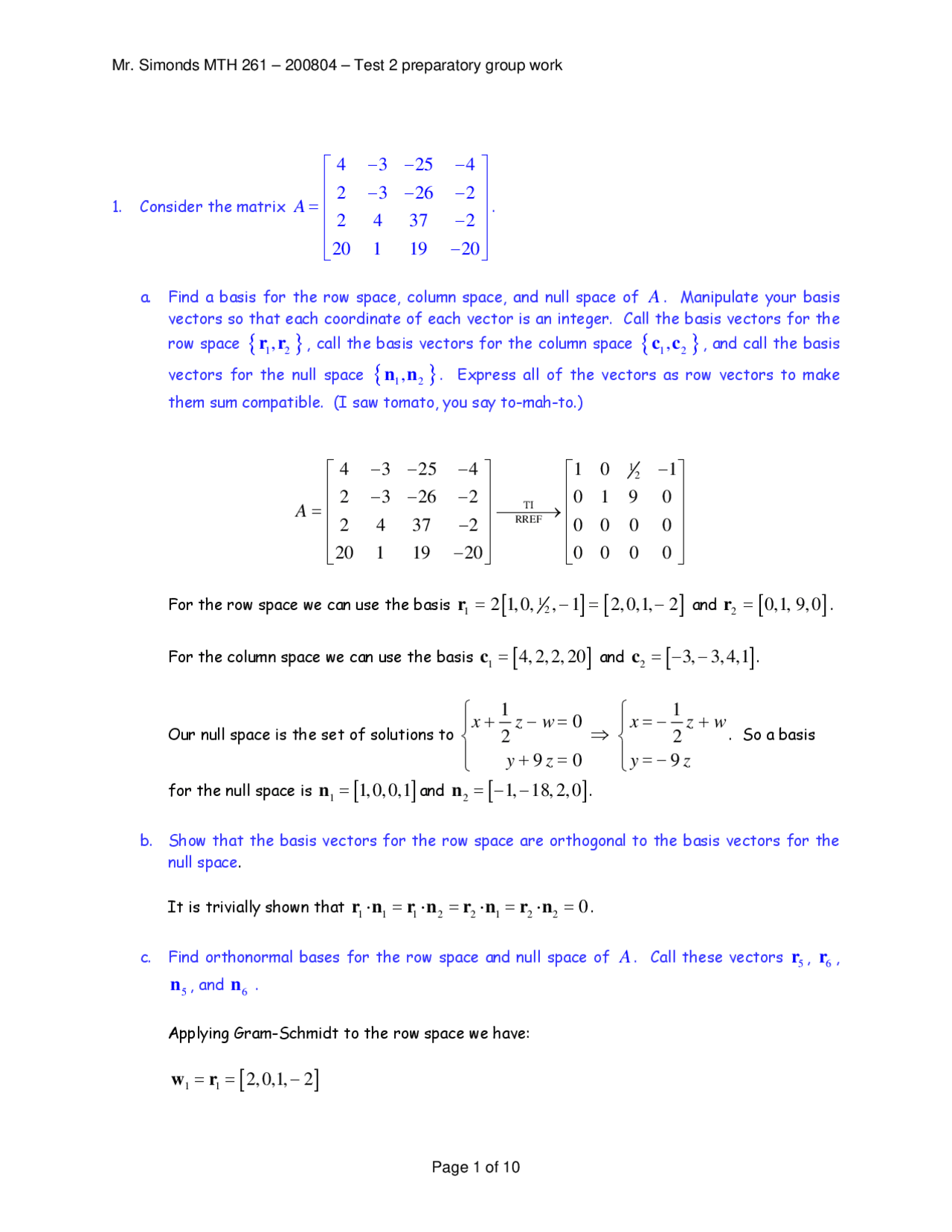 Test 2 Preparatory Group Work Key Applied Linear Algebra I Mth 261