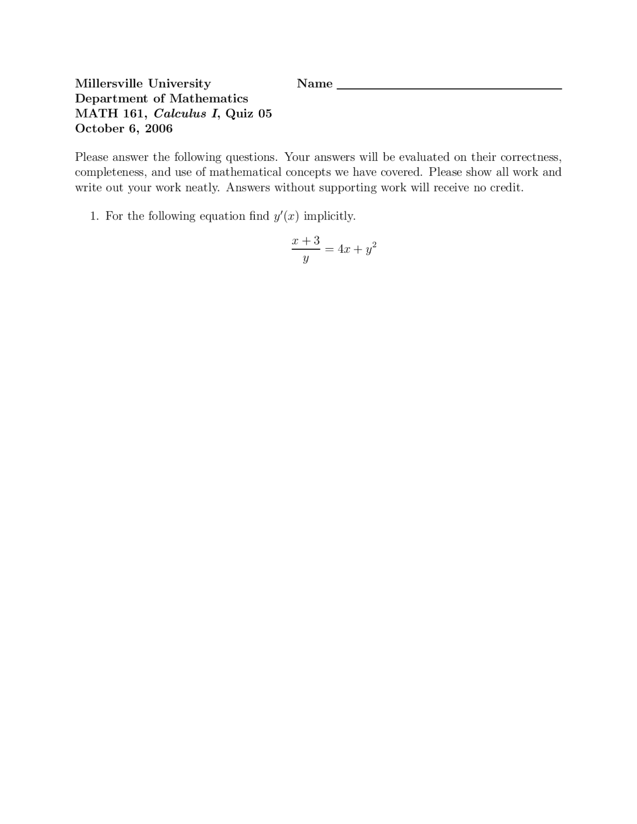 Find Implicit Calculus 1 Quiz 5 Math 161 Docsity
