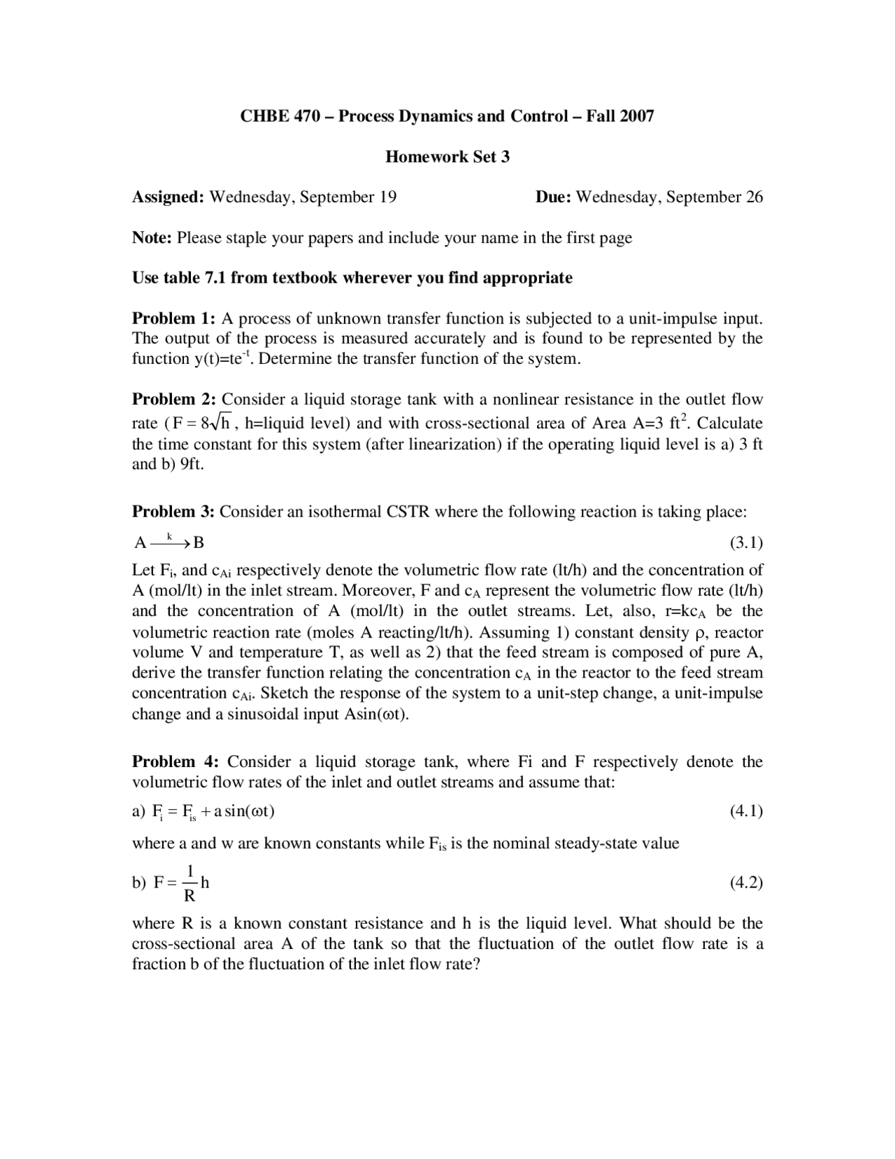 Process Dynamics And Control Homework Set 3 Chbe 470 Docsity
