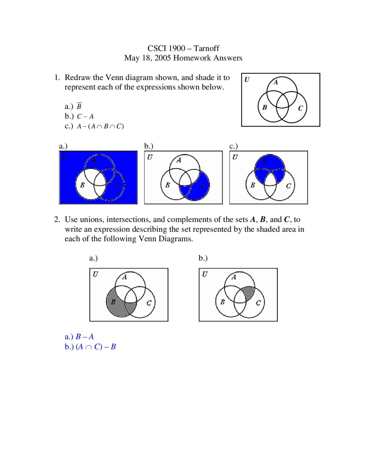 Mathematics For Computer Science Homework With Answers Csci 1900 Docsity