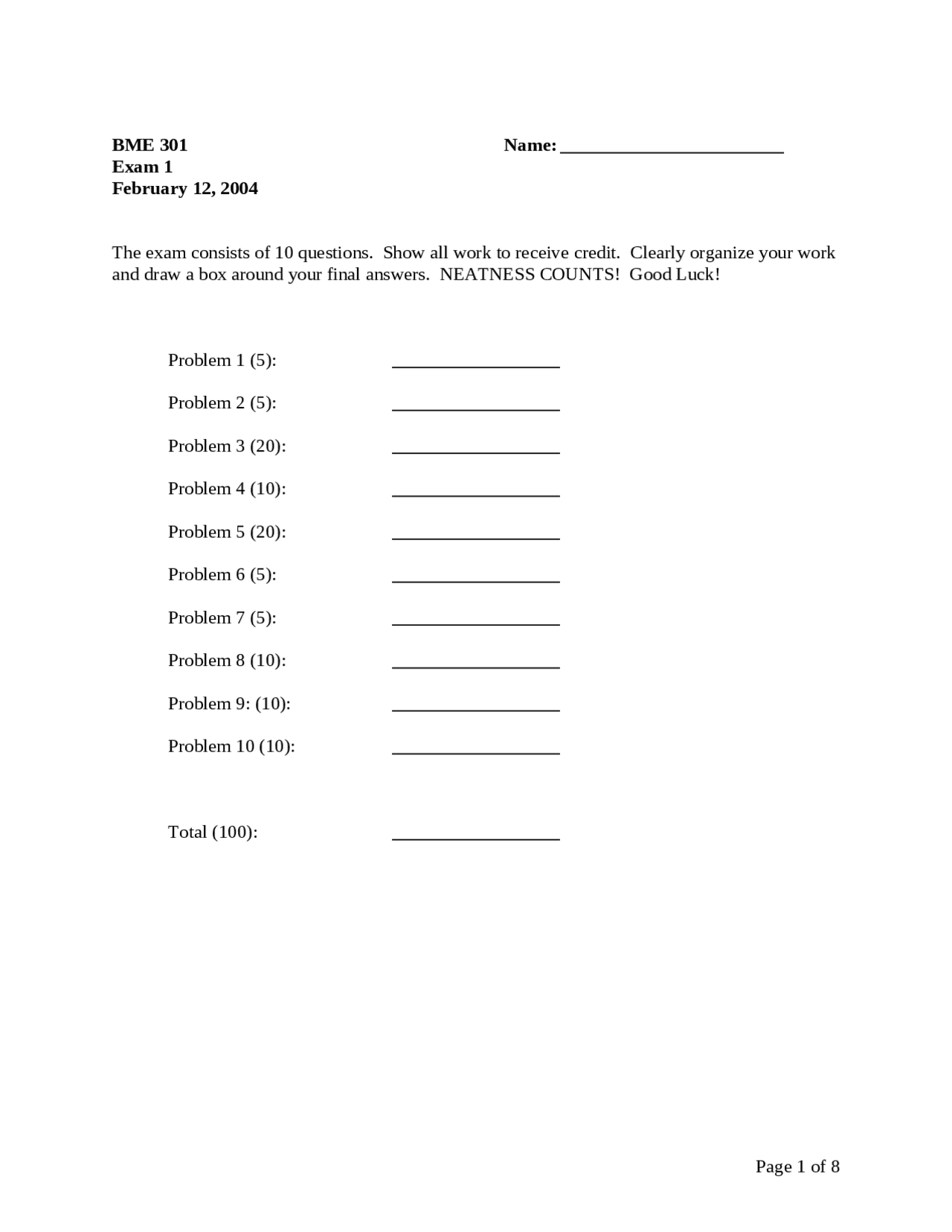 Engineering And World Health 12 Questions With Solutions Bioe 301