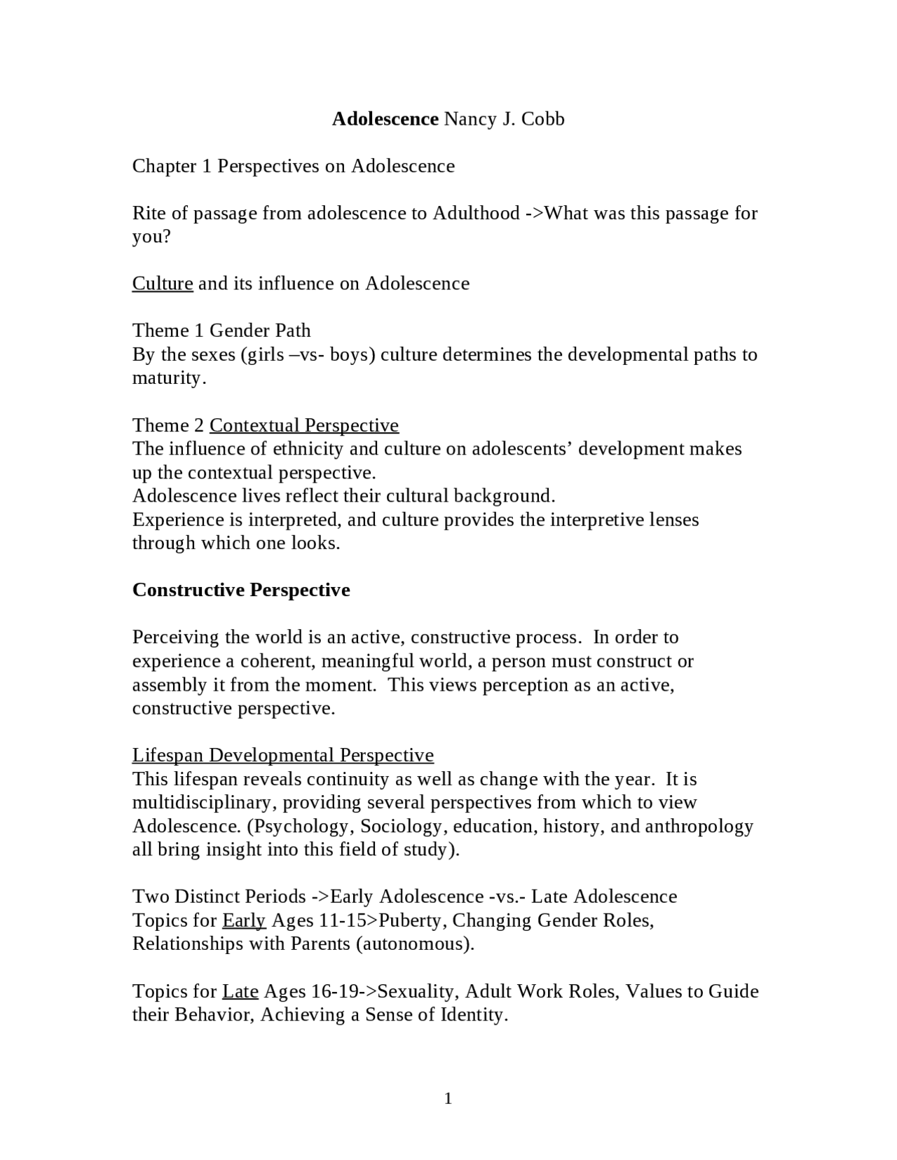 Chapter 1 Perspectives On Adolescence Edsp 373 Docsity