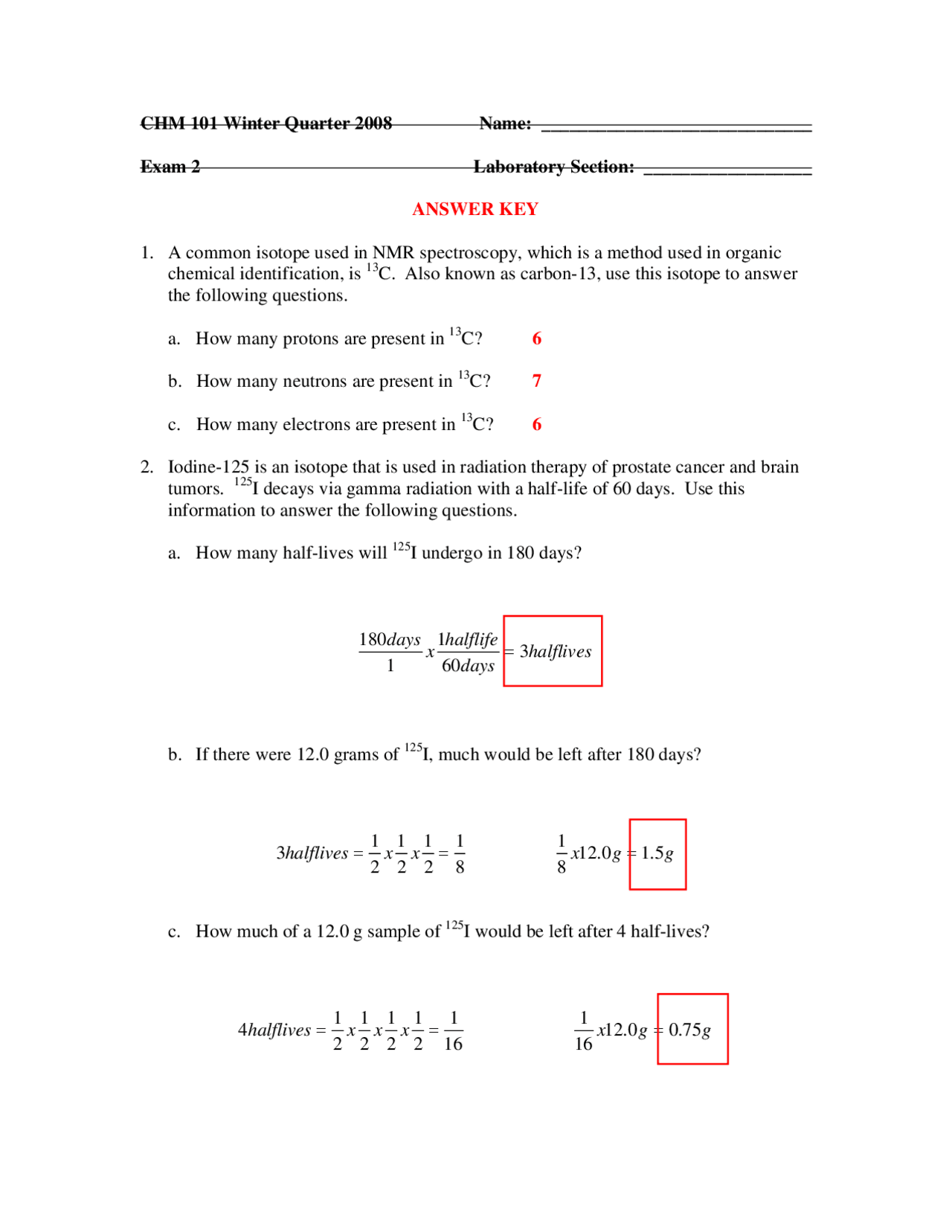 Exam With Answers Key Introduction To Chemistry Chm 101 Docsity