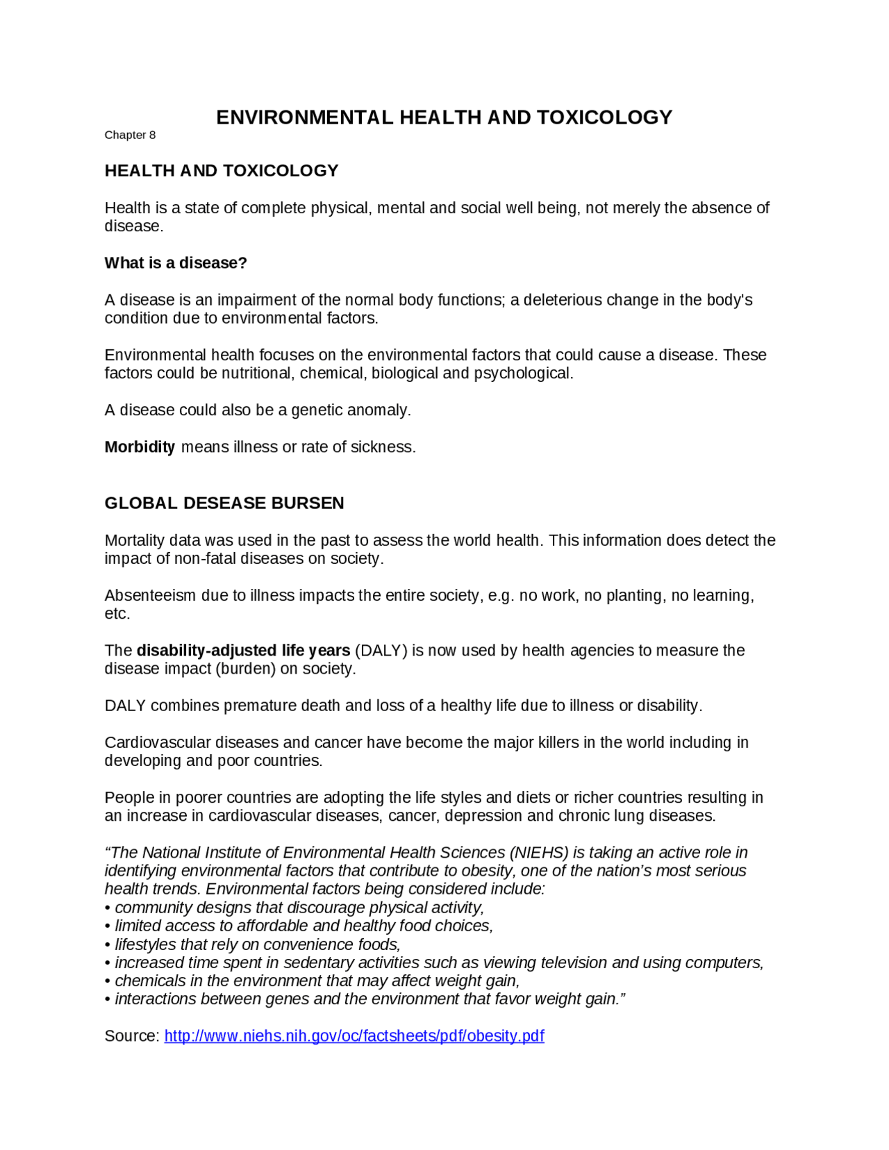 Environmental Health and Toxicology - Lecture Notes | BIOL 107 - Docsity