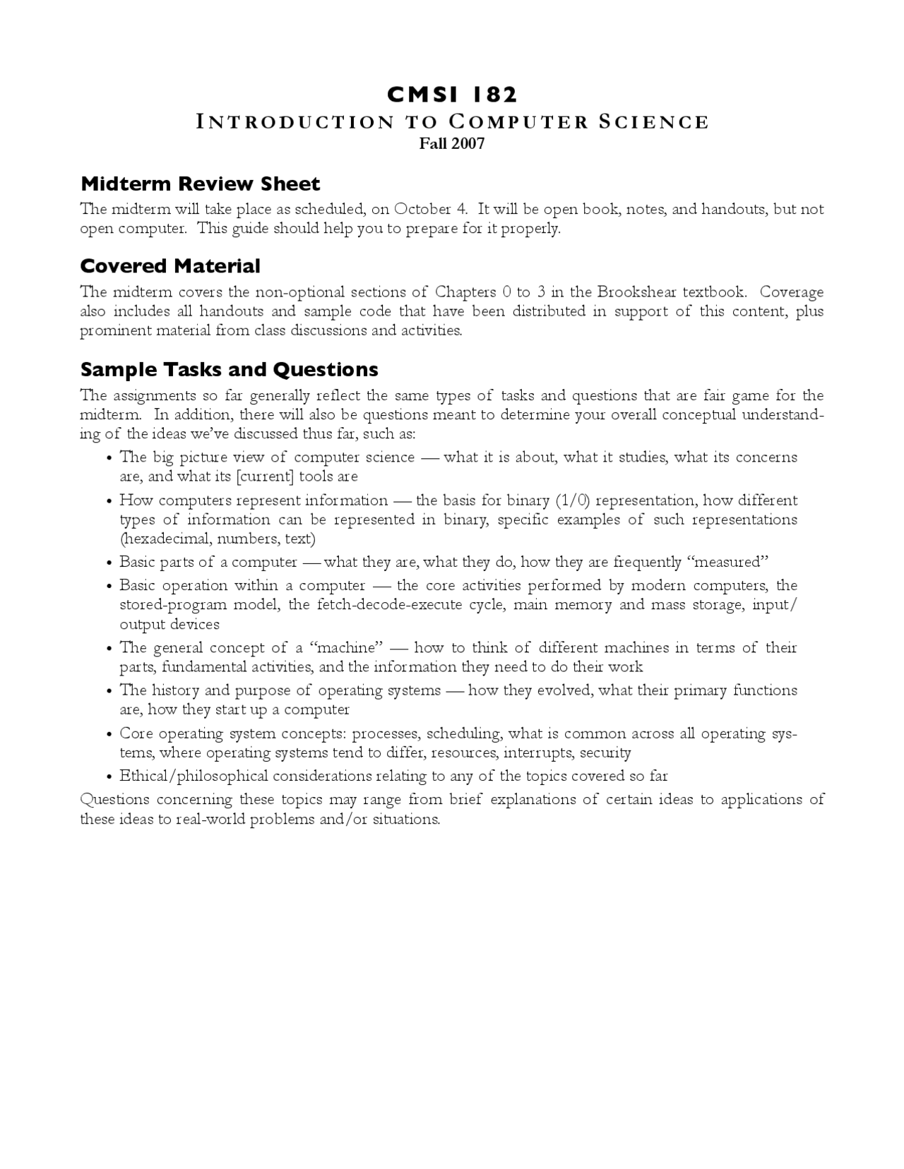 Review Sheet For Midterm Introduction To Computer Science Cmsi 182