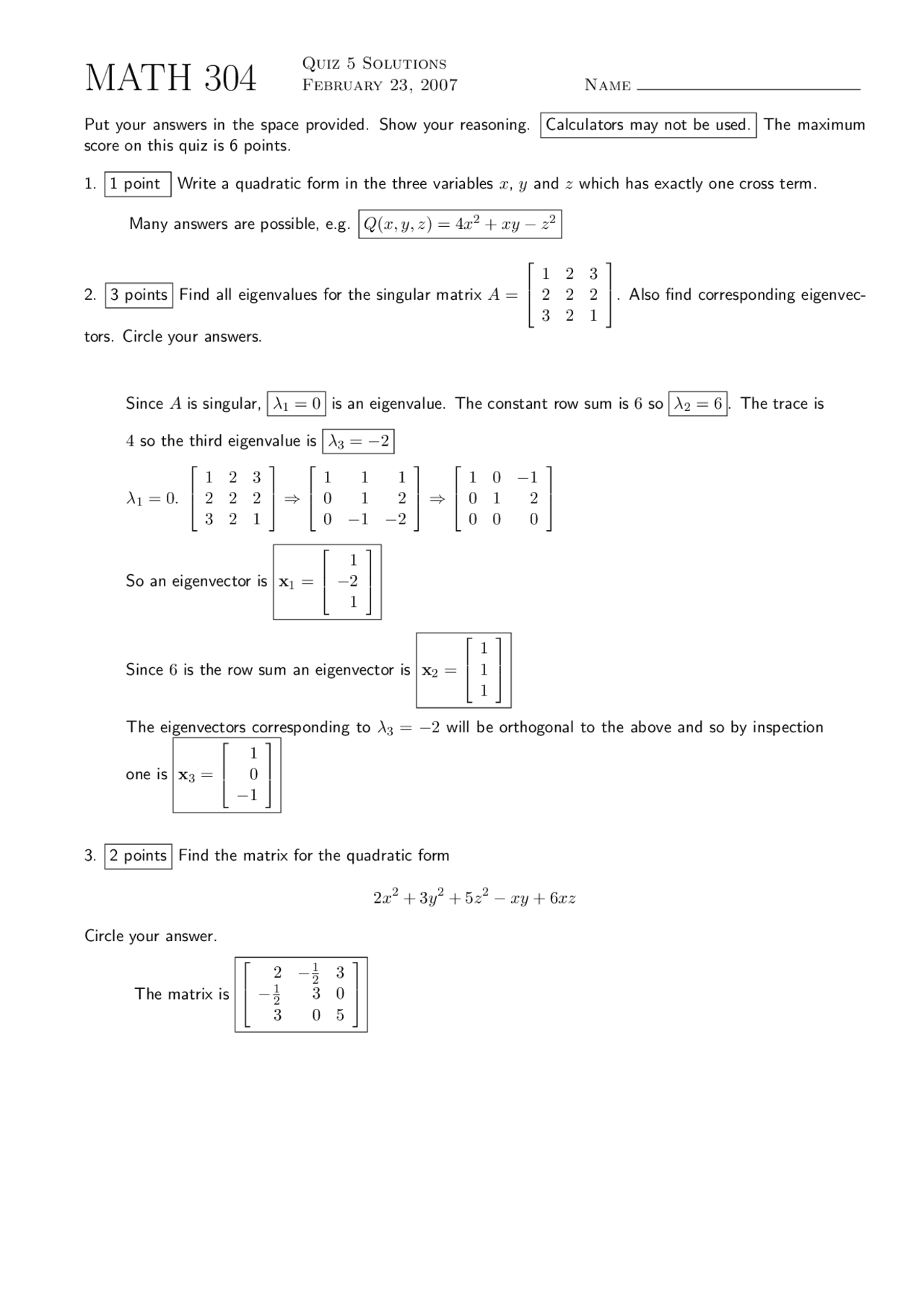 Solutions Of Quiz 5 Linear Algebra Math 304 Docsity