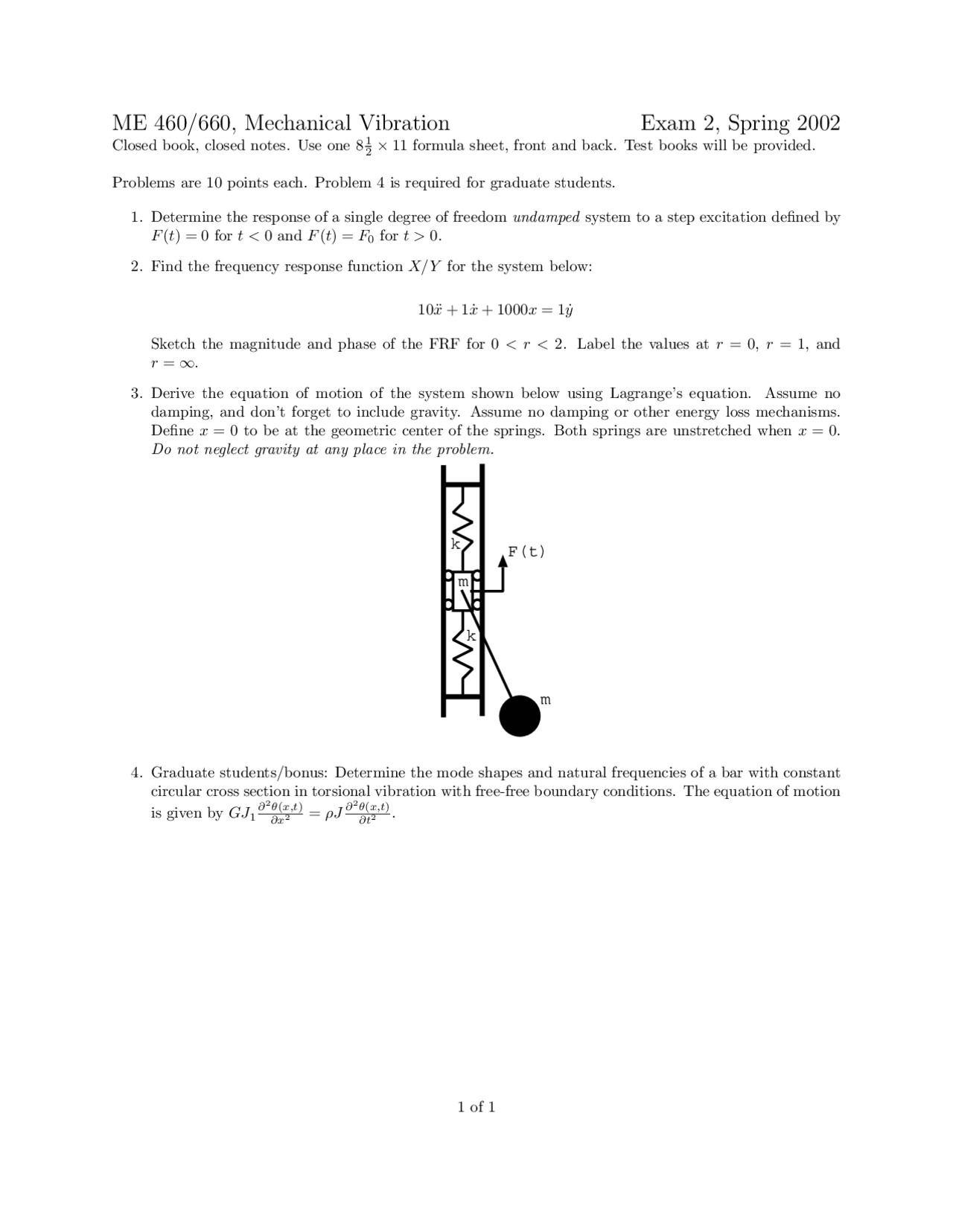 4 Questions on Mechanical Vibrations - Exam 2 | ME 460 - Docsity