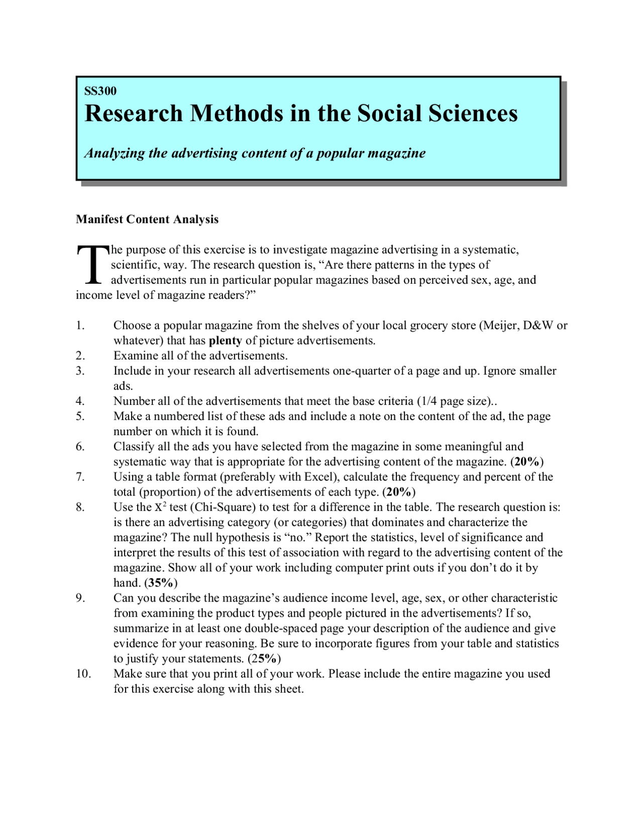 Analyzing the Advertising Content of a Popular Magazine | SS 300 - Docsity