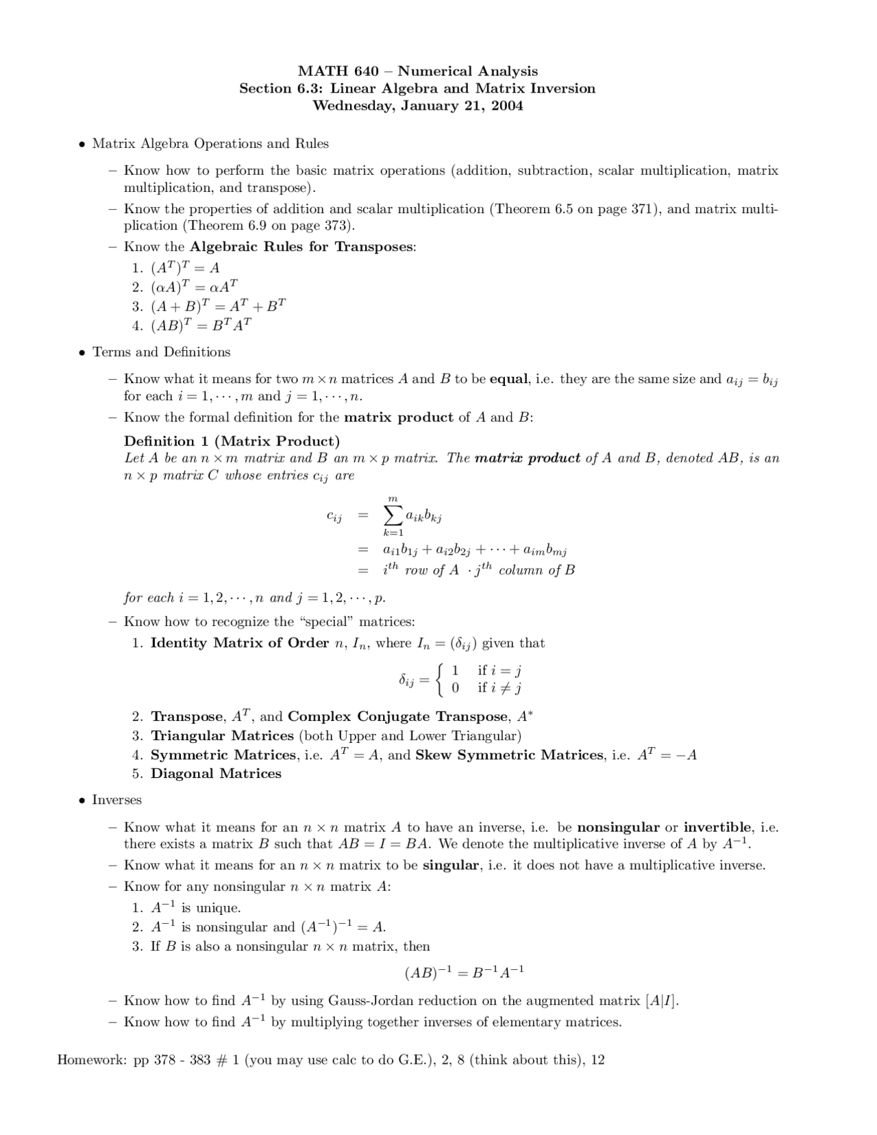 Linear Algebra and Matrix Inversion - Assignment | MATH 640 - Docsity