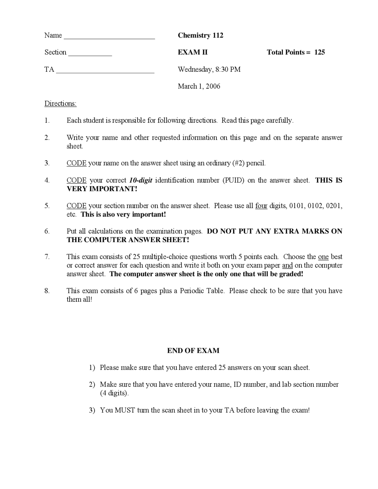 Exam 2 For Experimental Chemistry Ii Chem C1260 Docsity