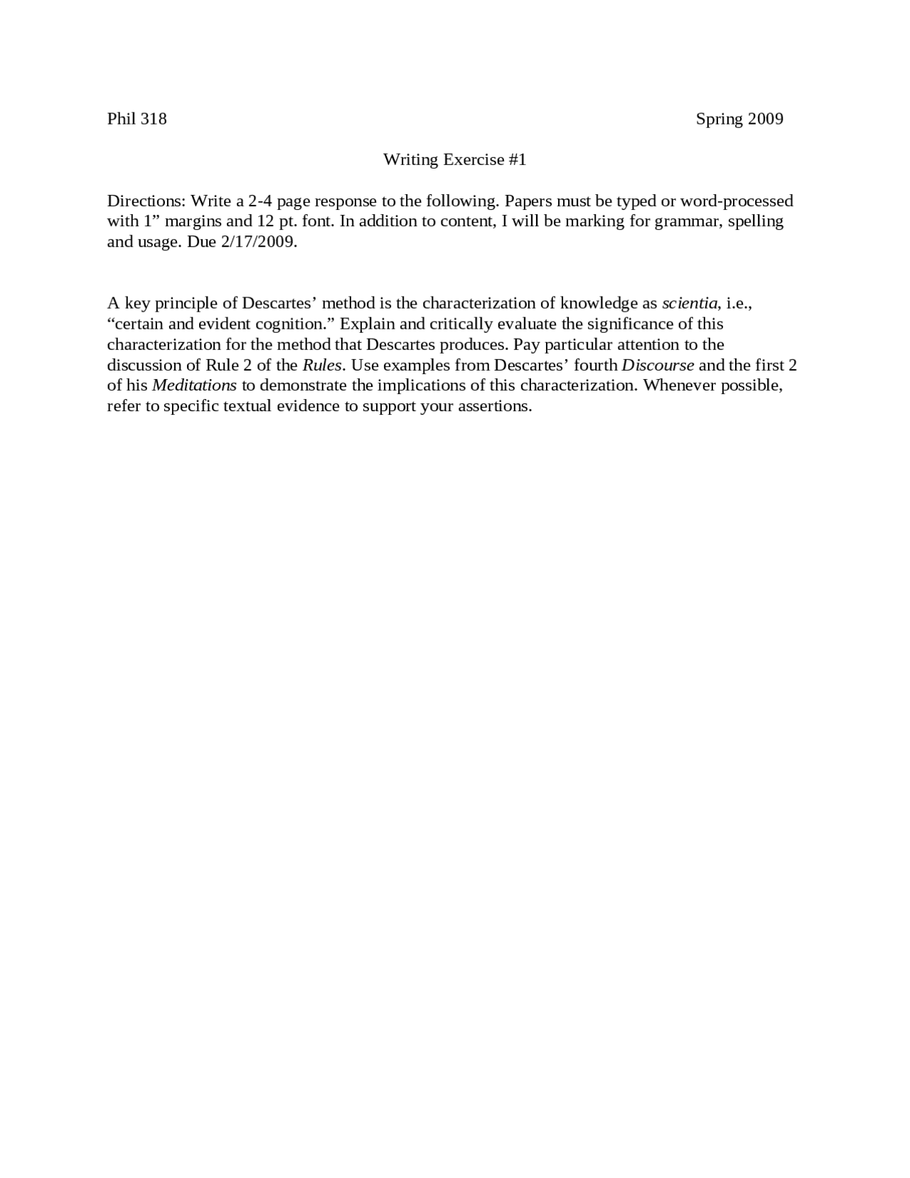 Writing Exercise 1 Modern Philosophy Spring 2009 Phil 318 Docsity