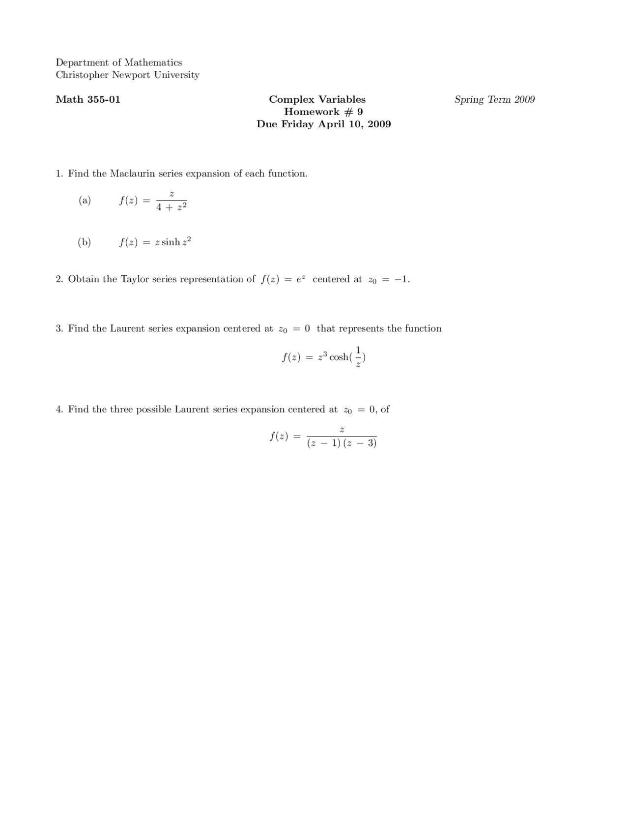 Practice Homework 9 Complex Variables Math 355 Docsity