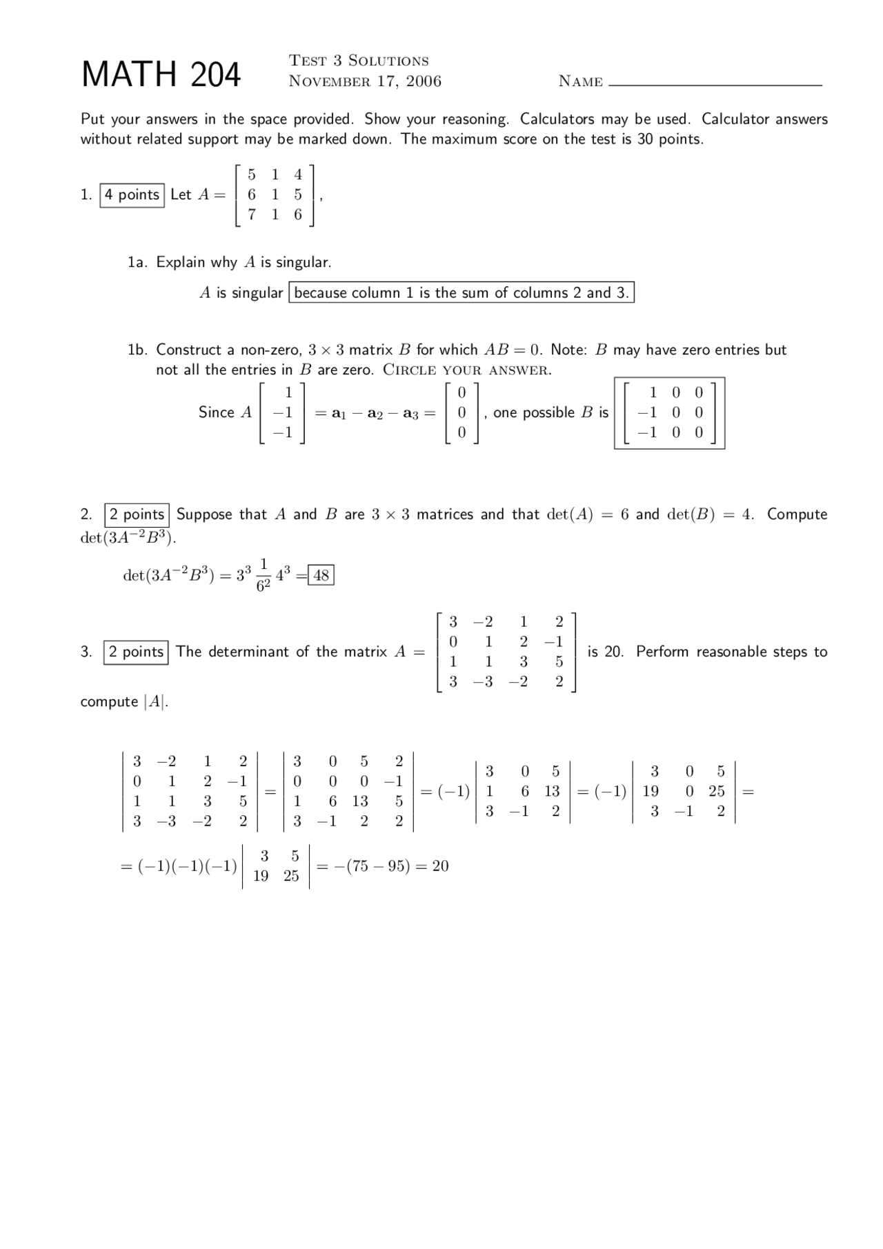 6 Solved Problems To Compute The Matrix Exam 3 Math 204 Docsity