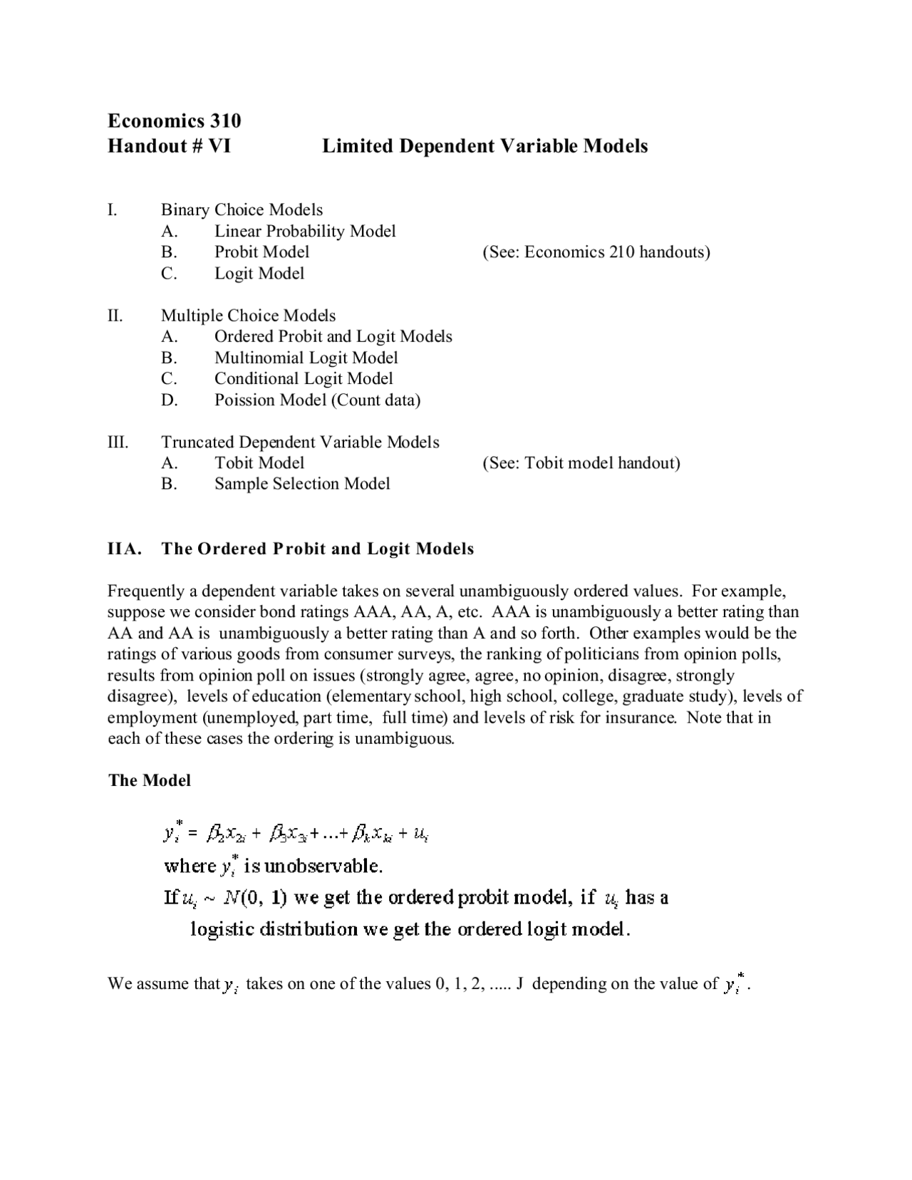 Limited Dependent Variable Models Handout Vi Econ 310 Docsity