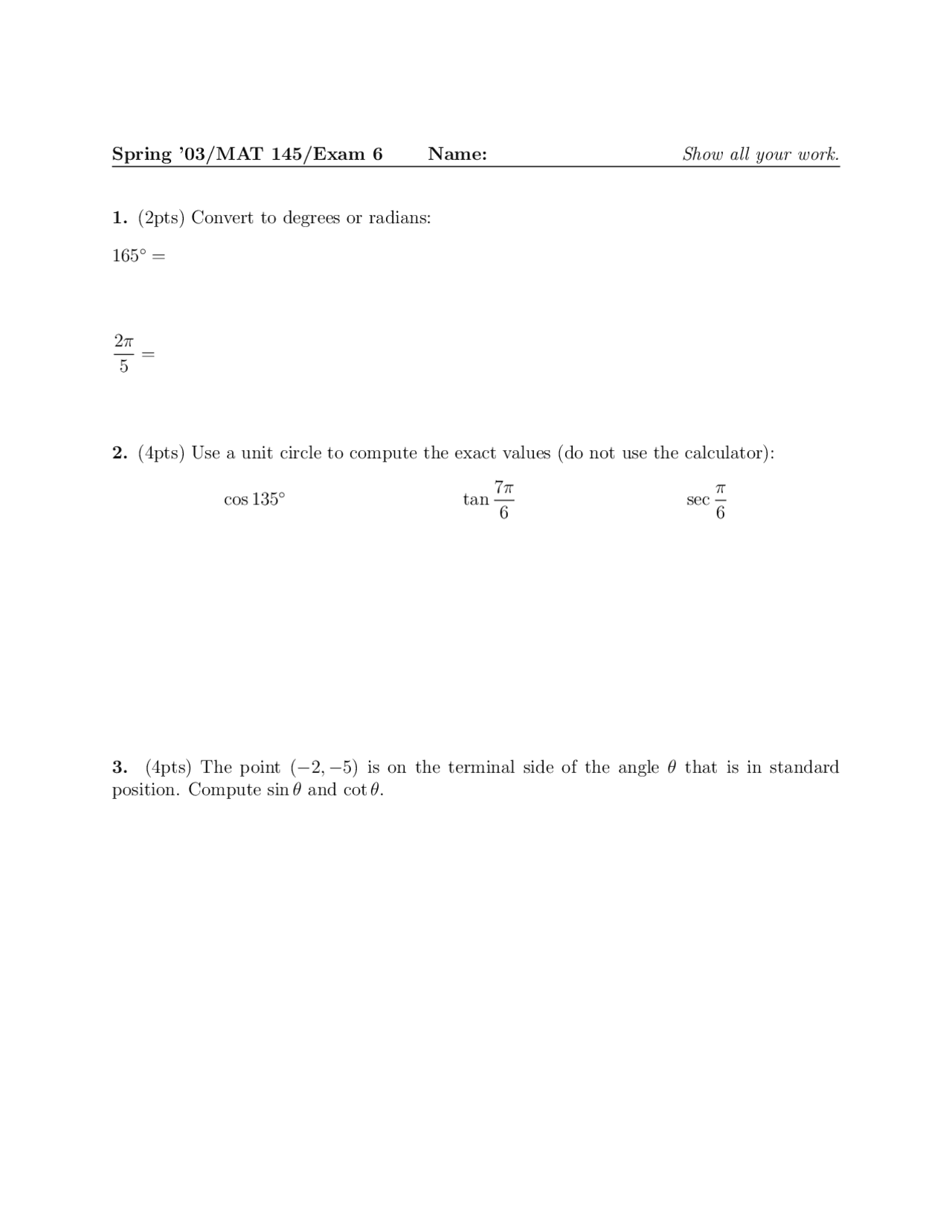 Practice Exam 6 Trigonometry Mat 145 Docsity