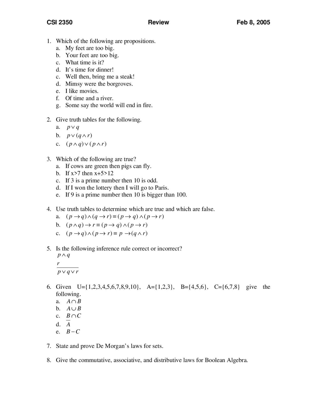 Review Sheet For Exam Discrete Structures Csi 2350 Docsity