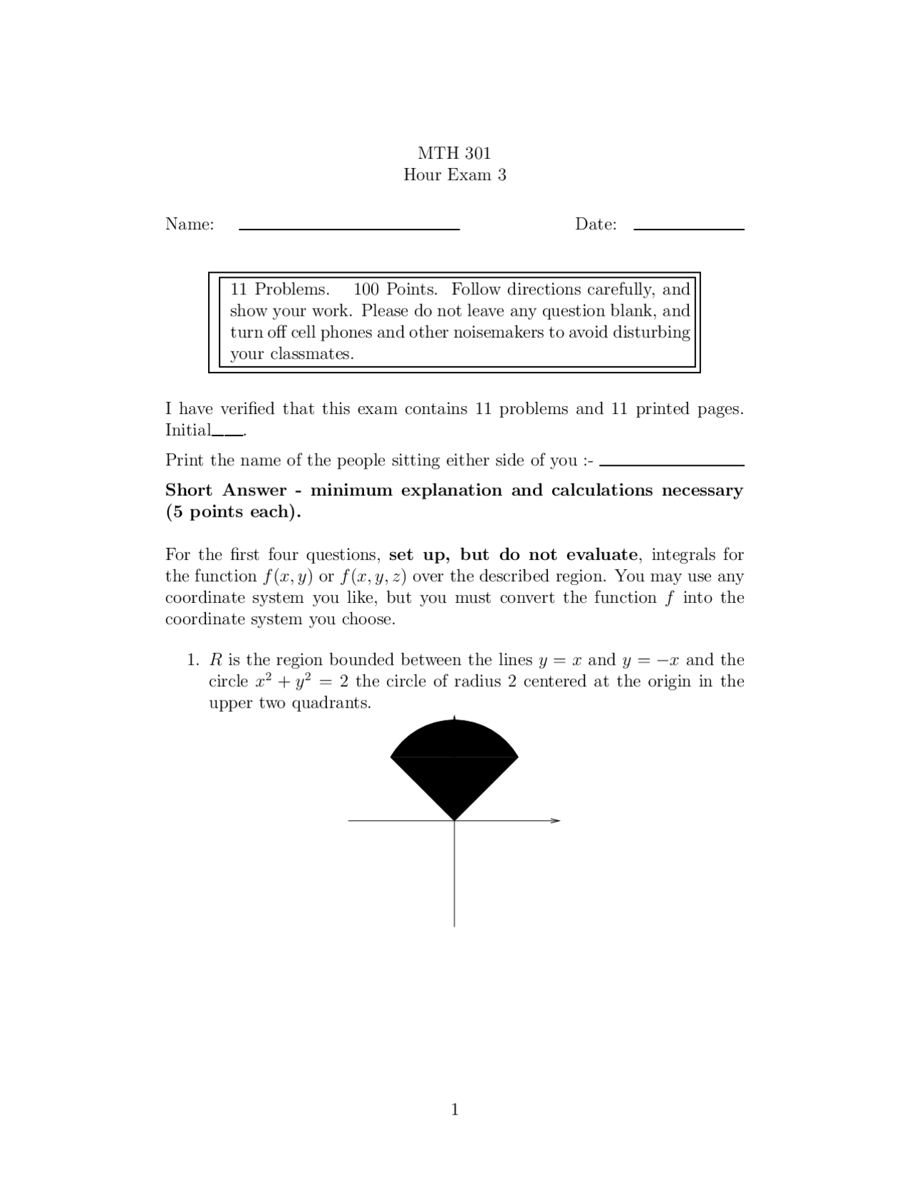 Practice Examination 3 Vector Calculus Mth 301 Docsity