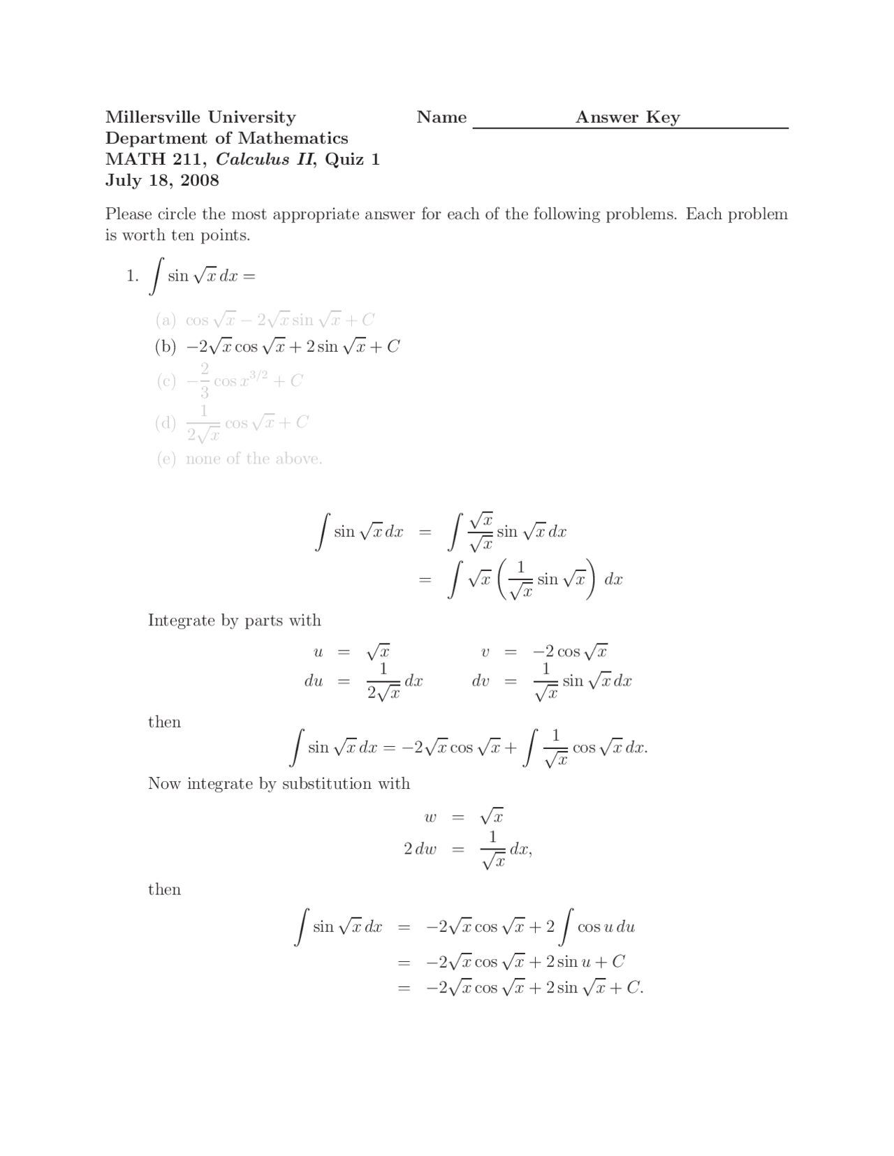 5 MCQs with Answers - Calculus II - Quiz I | MATH 211 - Docsity