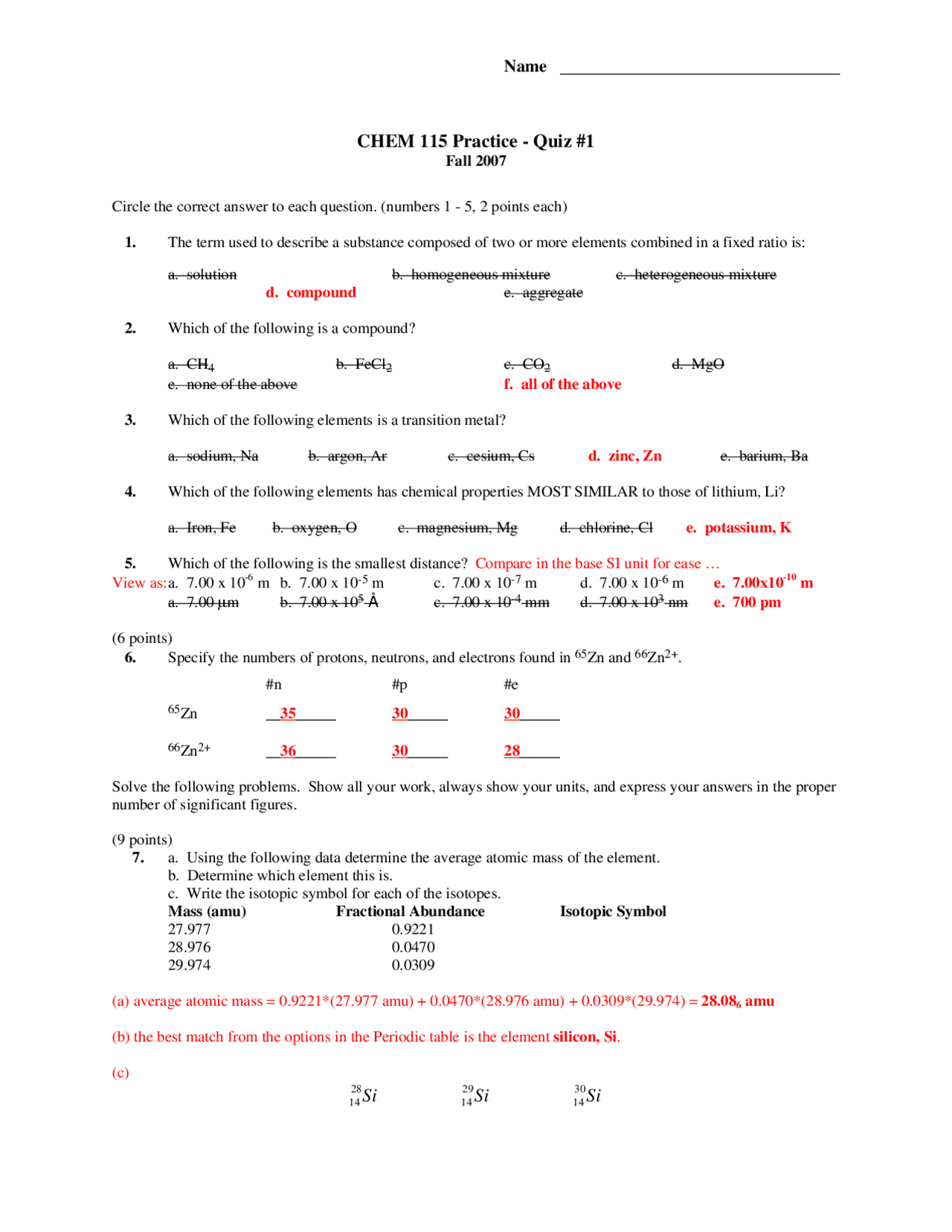 Practice Quiz 1 For Elements And Compounds Chm 115 Docsity