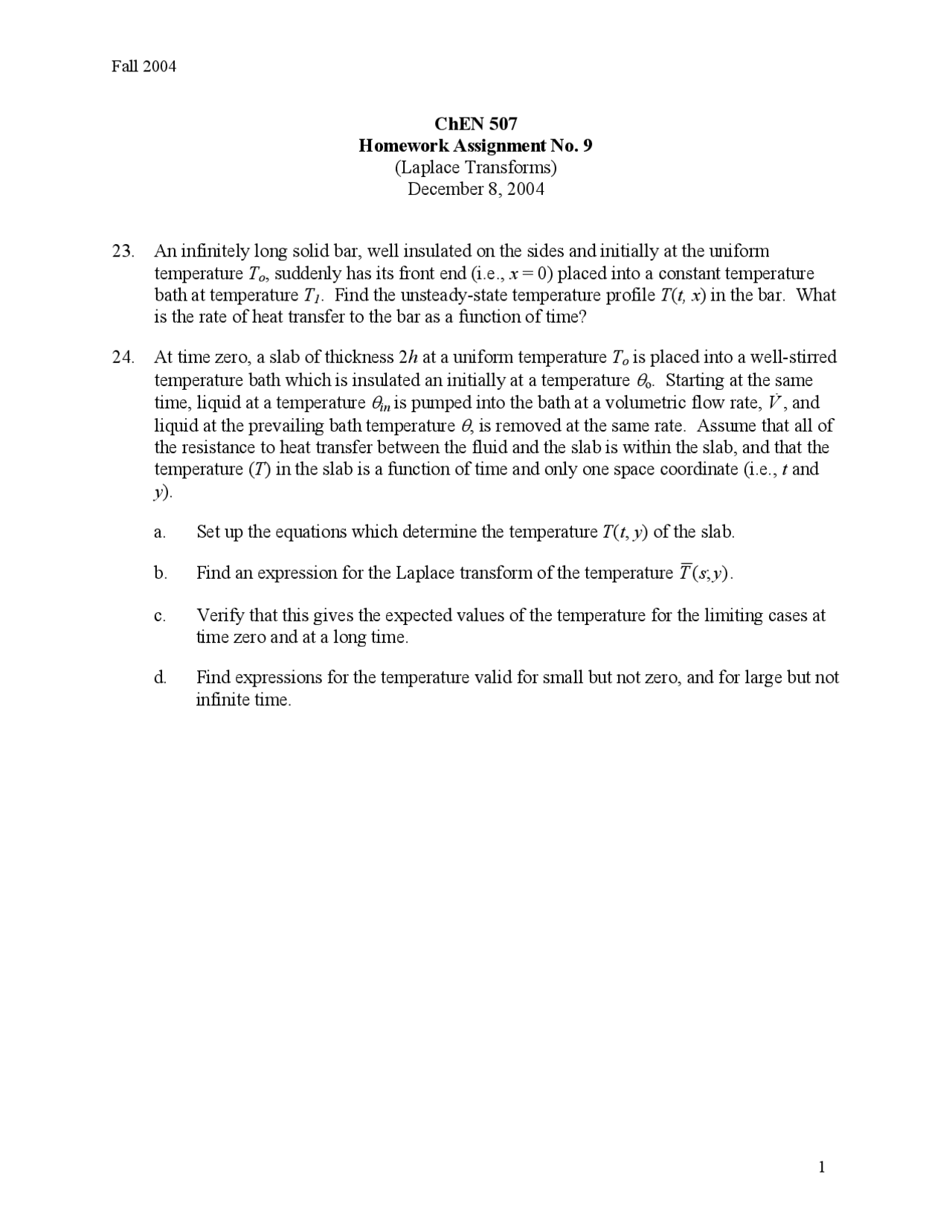 Laplace Transforms Homework Assignment 9 Chen 507 Docsity