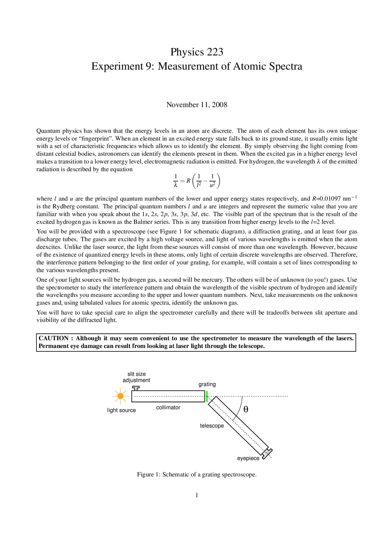Experiment 9 Measurement Of Atomic Spectra Phys 223 Docsity