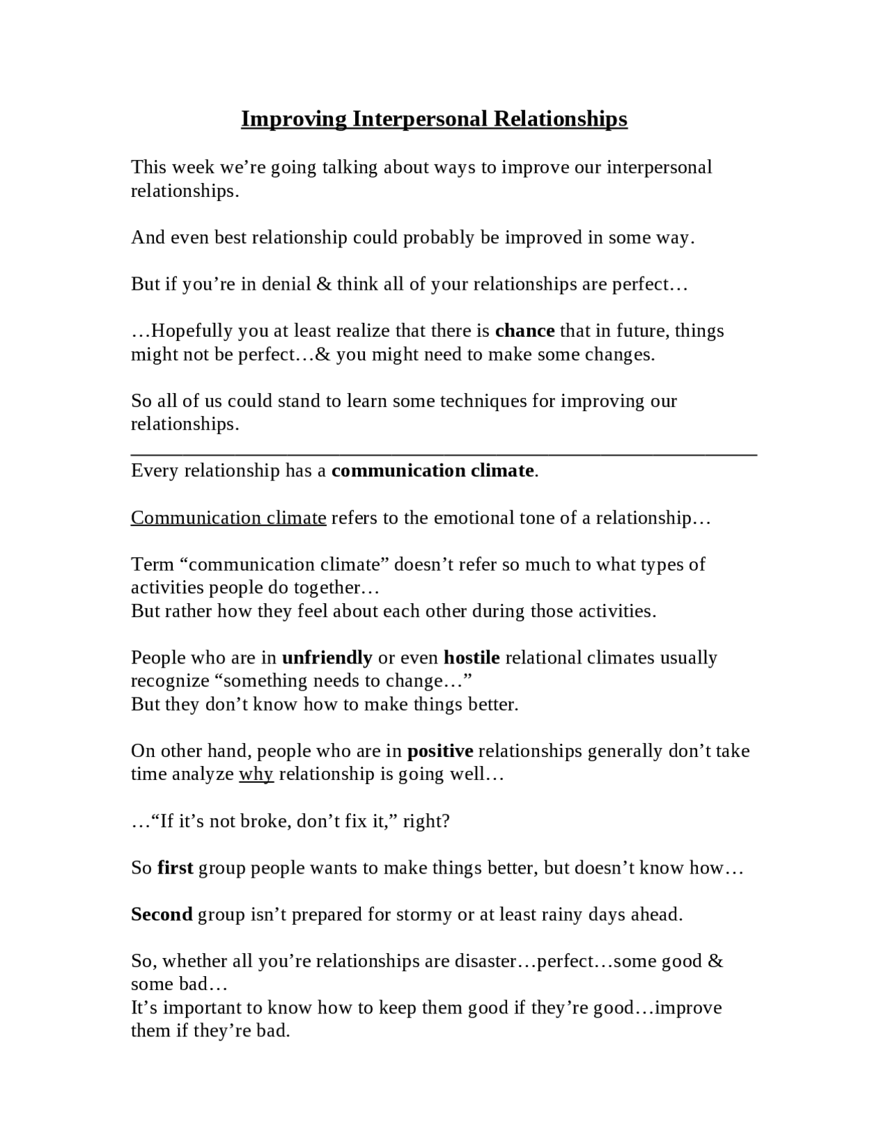 Improving Interpersonal Relationship - Human Community - Handout | HCOM ...