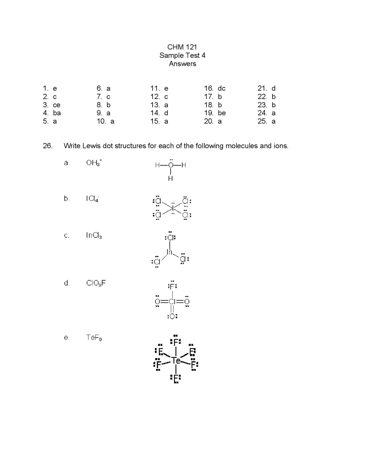 Sample Test 2 Answers General Chemistry 1 Chm 121 Docsity