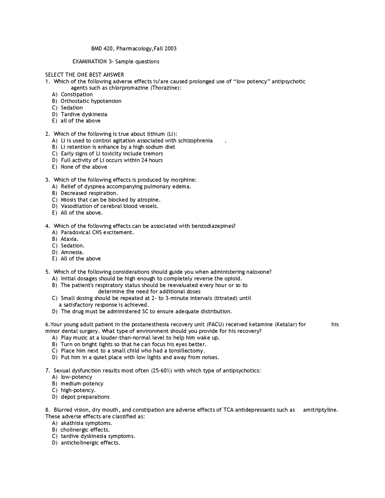 Exam 3 Sample Questions - Pharmacology | BMD 420 | Exams Pharmacology ...