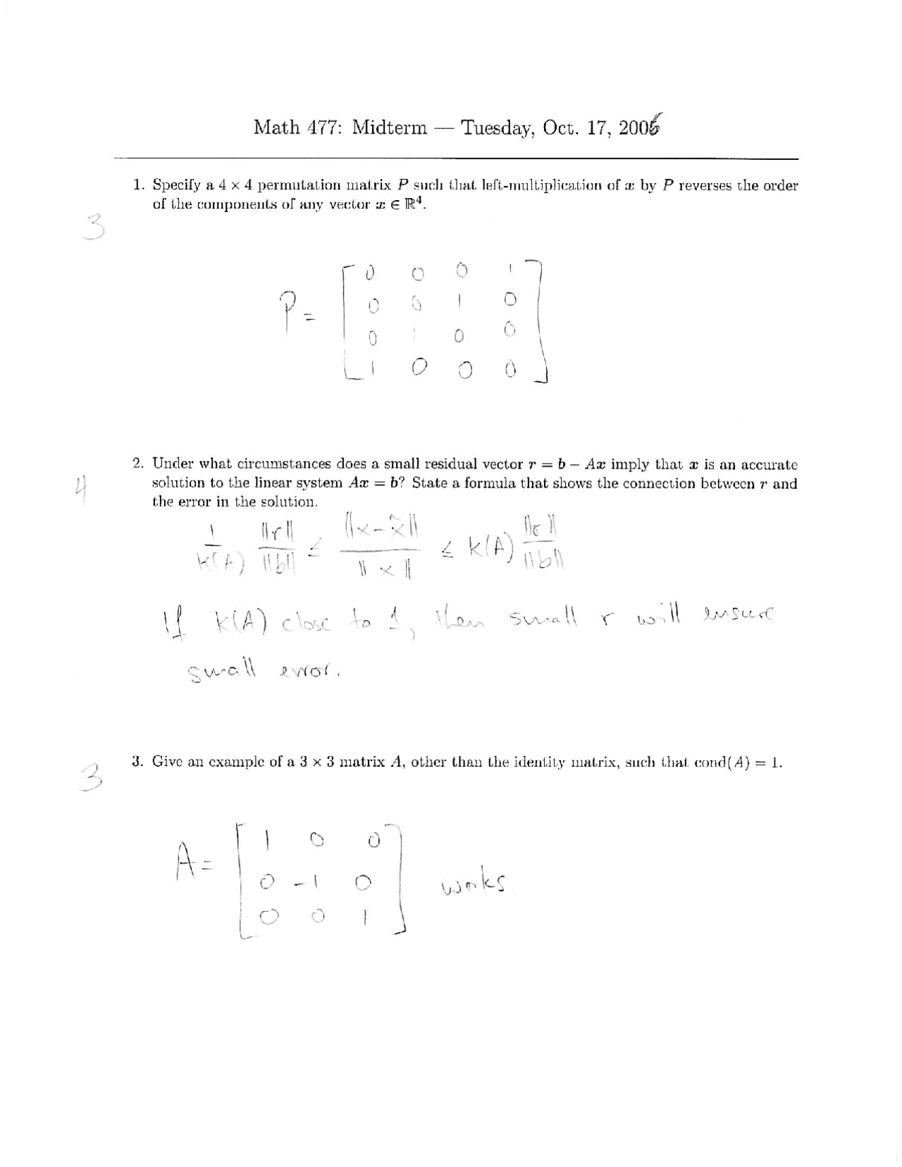 Numerical Linear Algebra Midterm Solutions 2006 Math 477 Docsity
