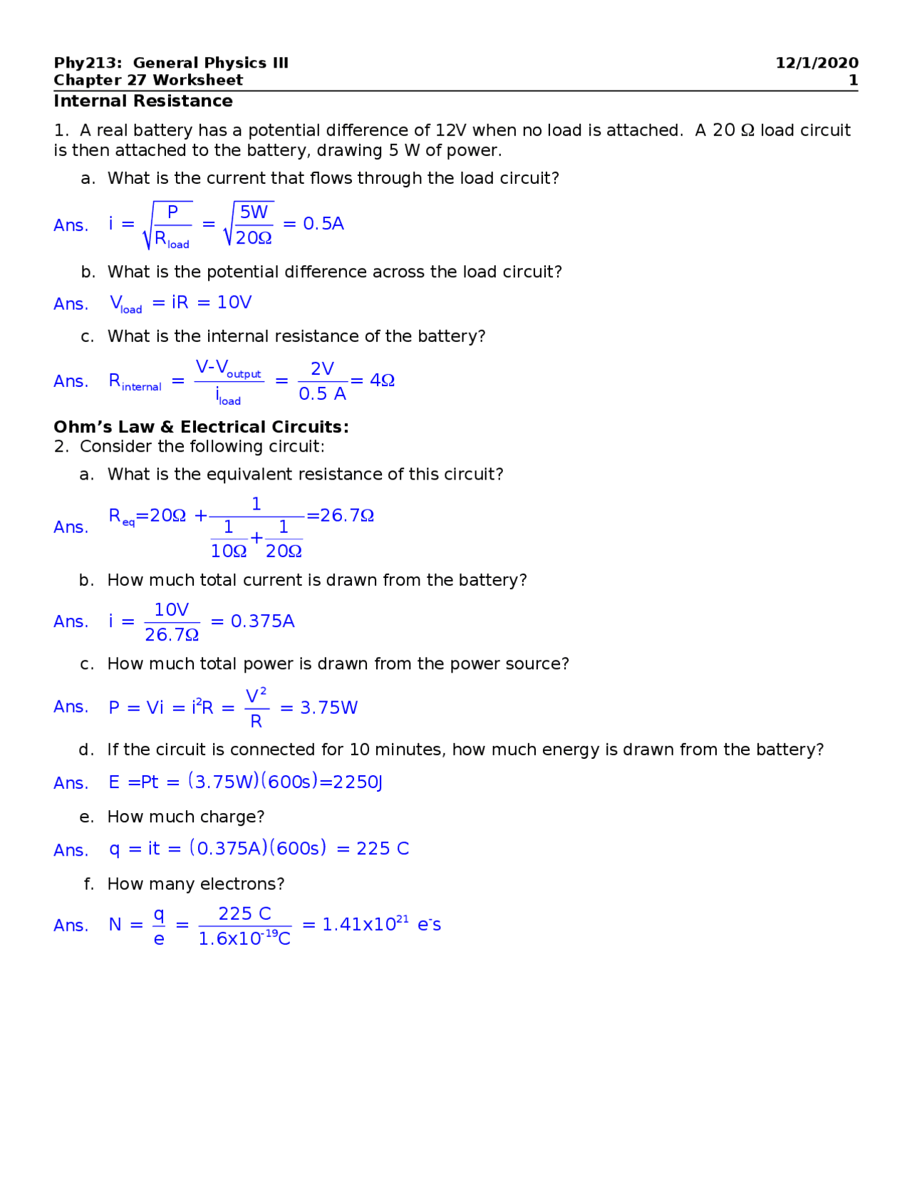 Internal Resistance, Ohm's Law and Electrical Circuits - Worksheet ...