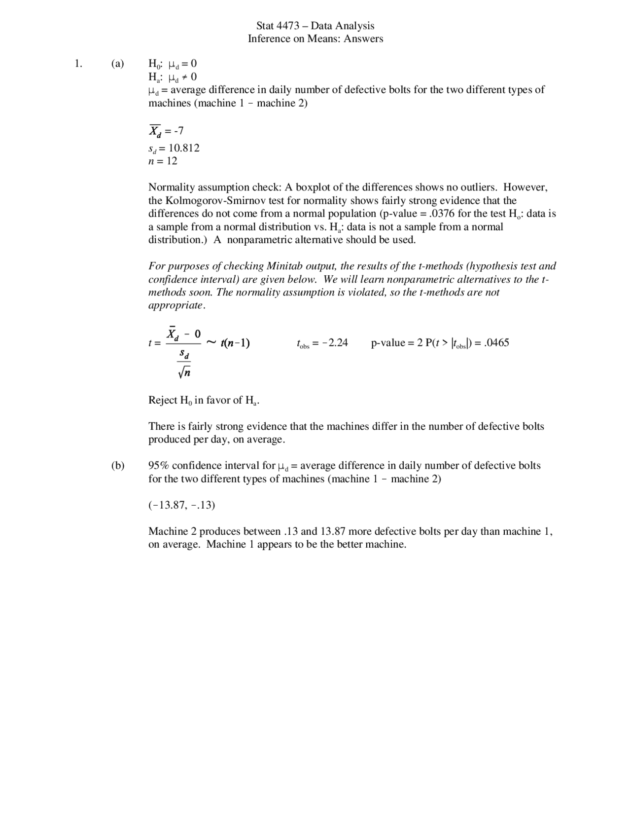 Data Analysis Applied Statistics Ii Assignment Stat 4473 Docsity