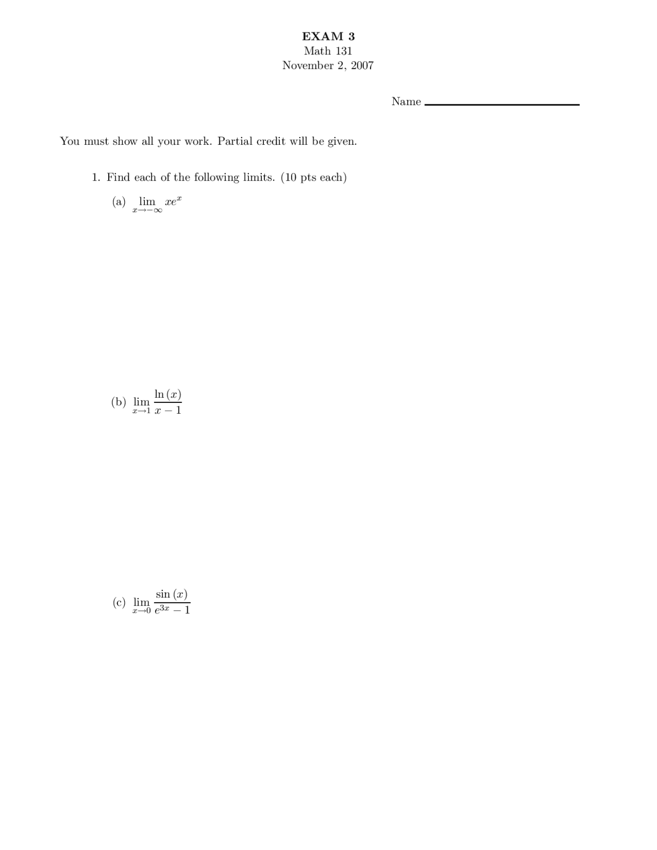 Past Examination 3 Practice Problems Calculus I Math 131 Docsity