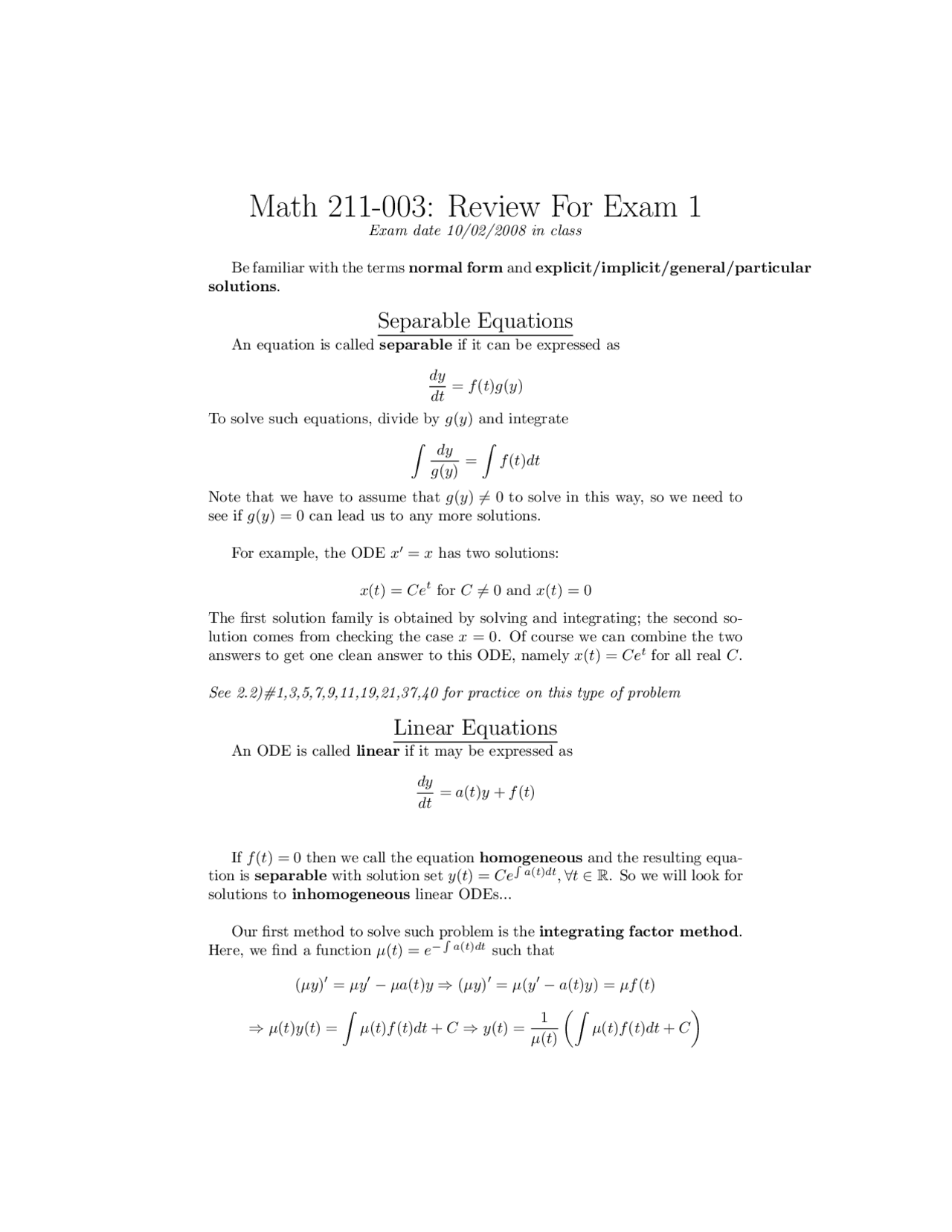 Questions of Ordinary Differential Equations and Linear Algebra | MATH 211 - Docsity