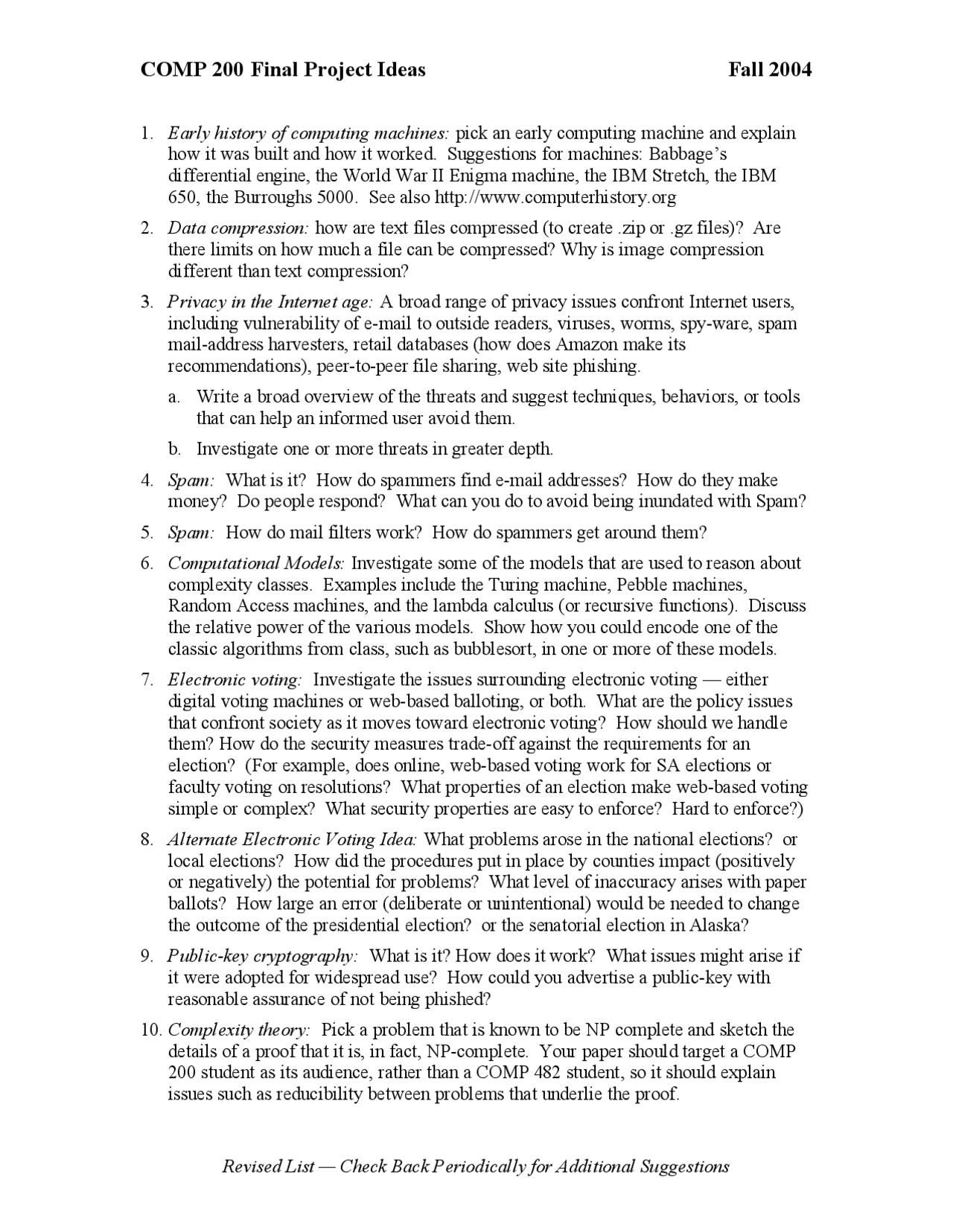 Final Project Ideas for Elements of Computer Science | COMP 200 | Study Guides, Projects ...