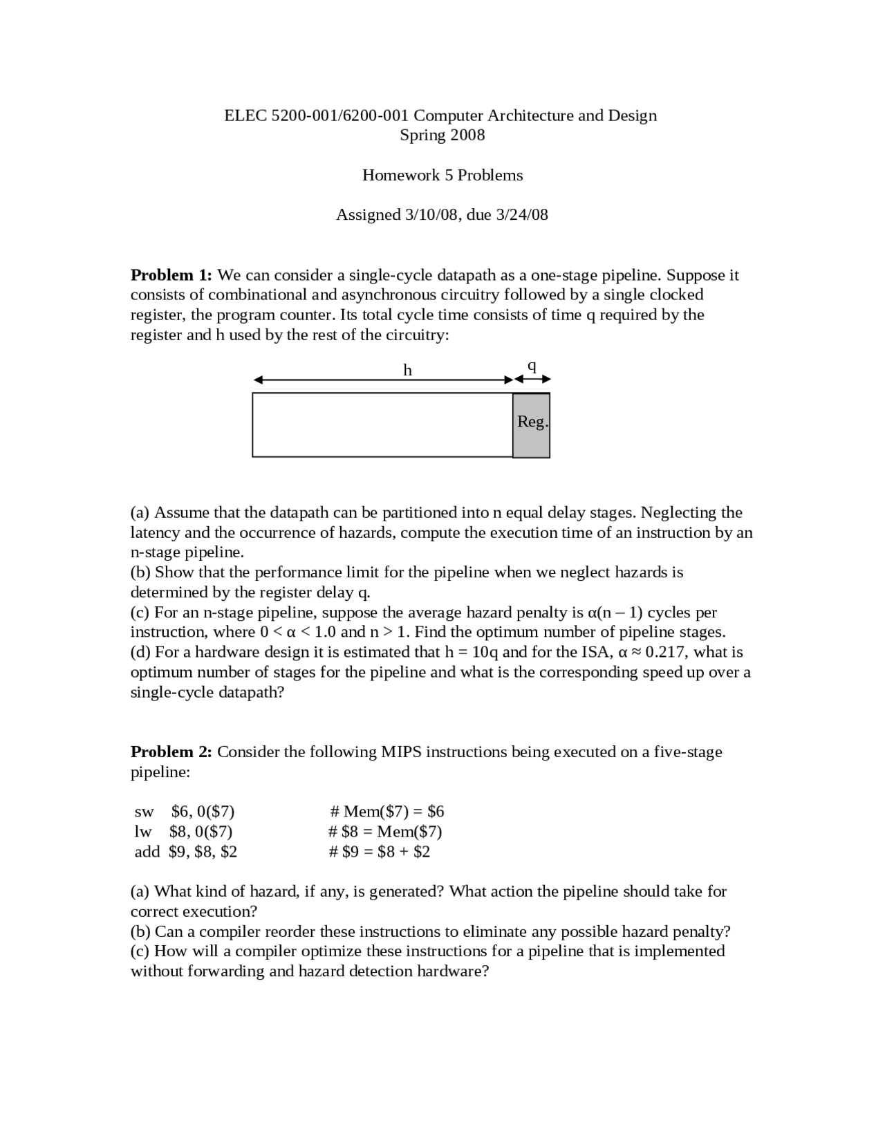 Homework 5 Problems Computer Architecture And Design Elec 5200