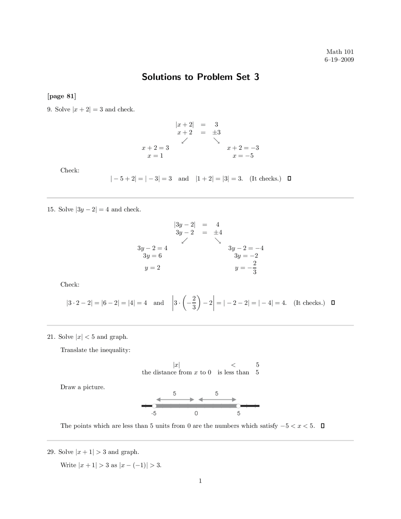 Solutions To Problem Set 3 College Algebra Math 101 Docsity