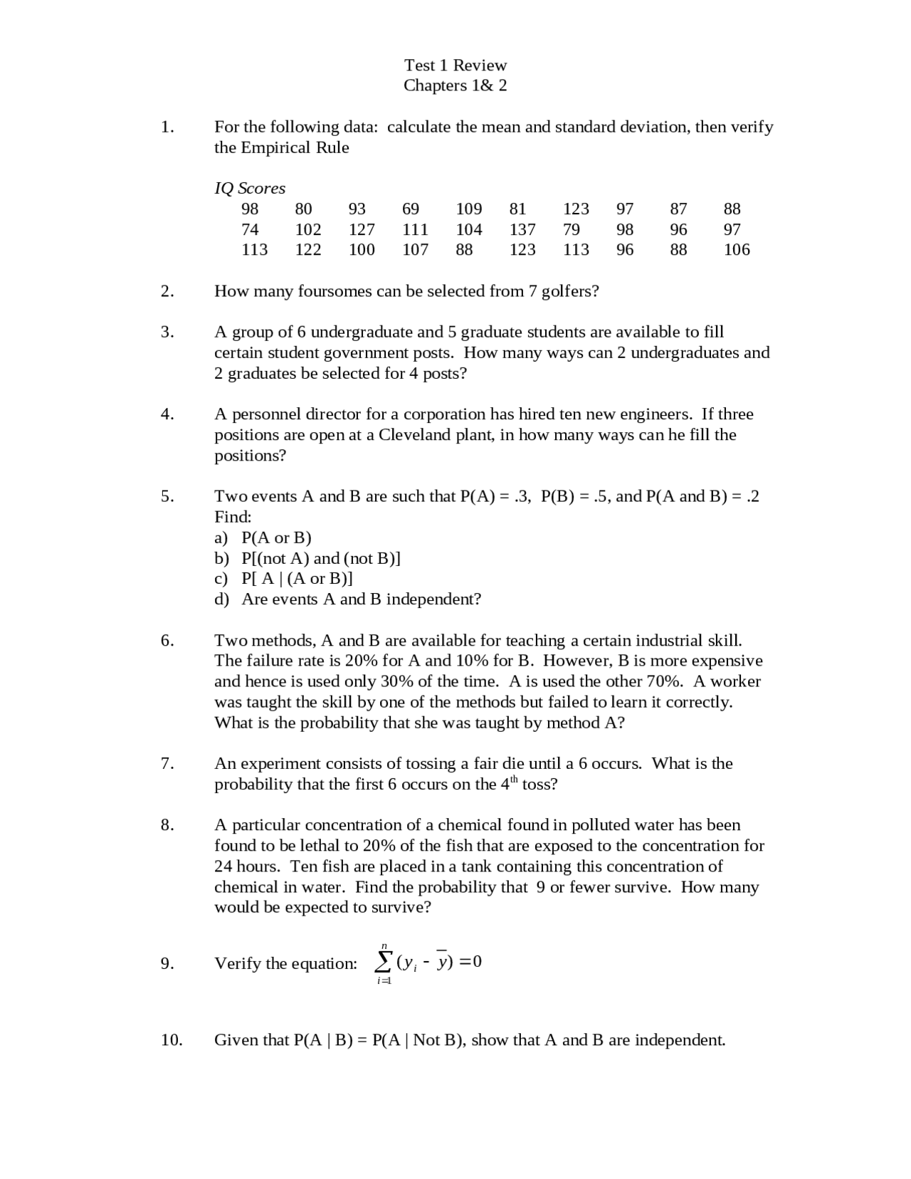 Review of Statistics & Probability: Mean, SD, Combinatorics ...