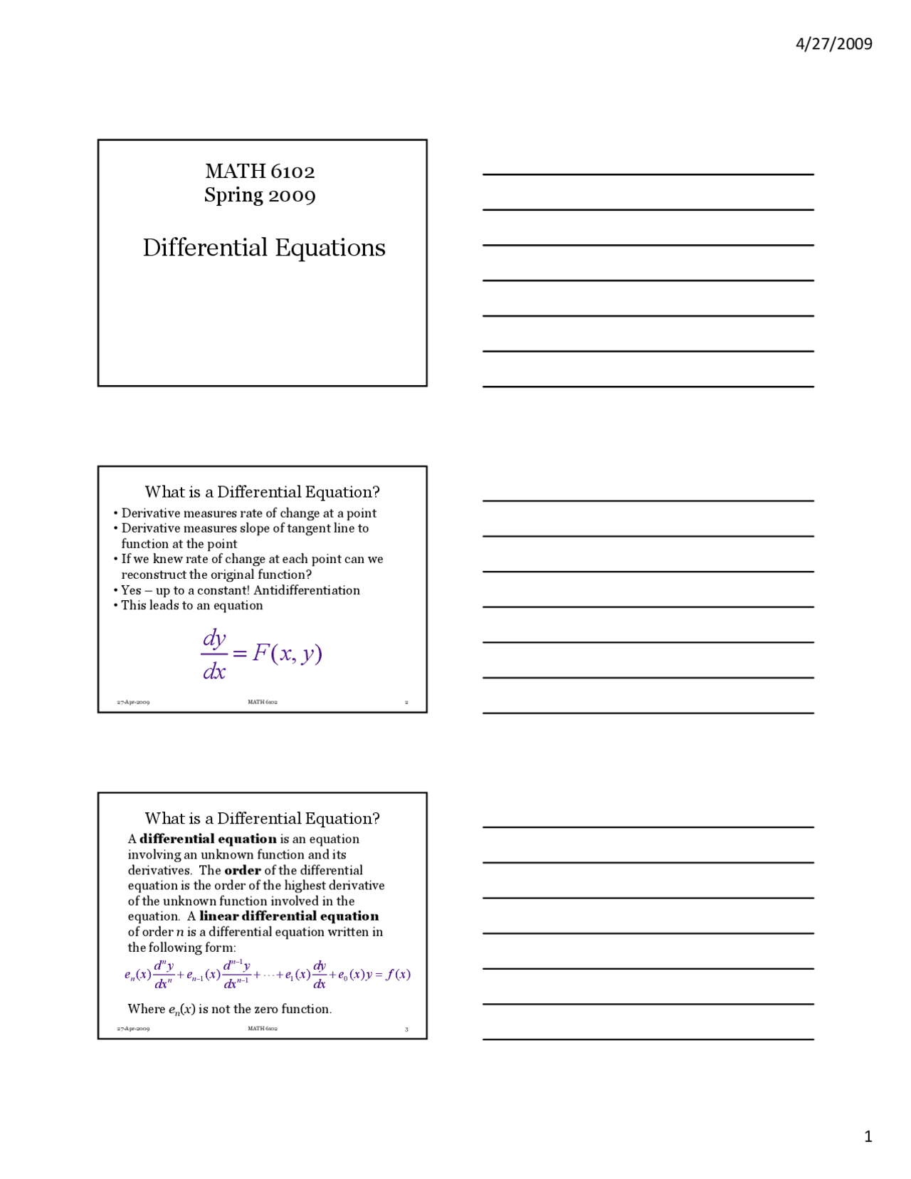 Differential Equations Lecture Slides Math 6102 Docsity