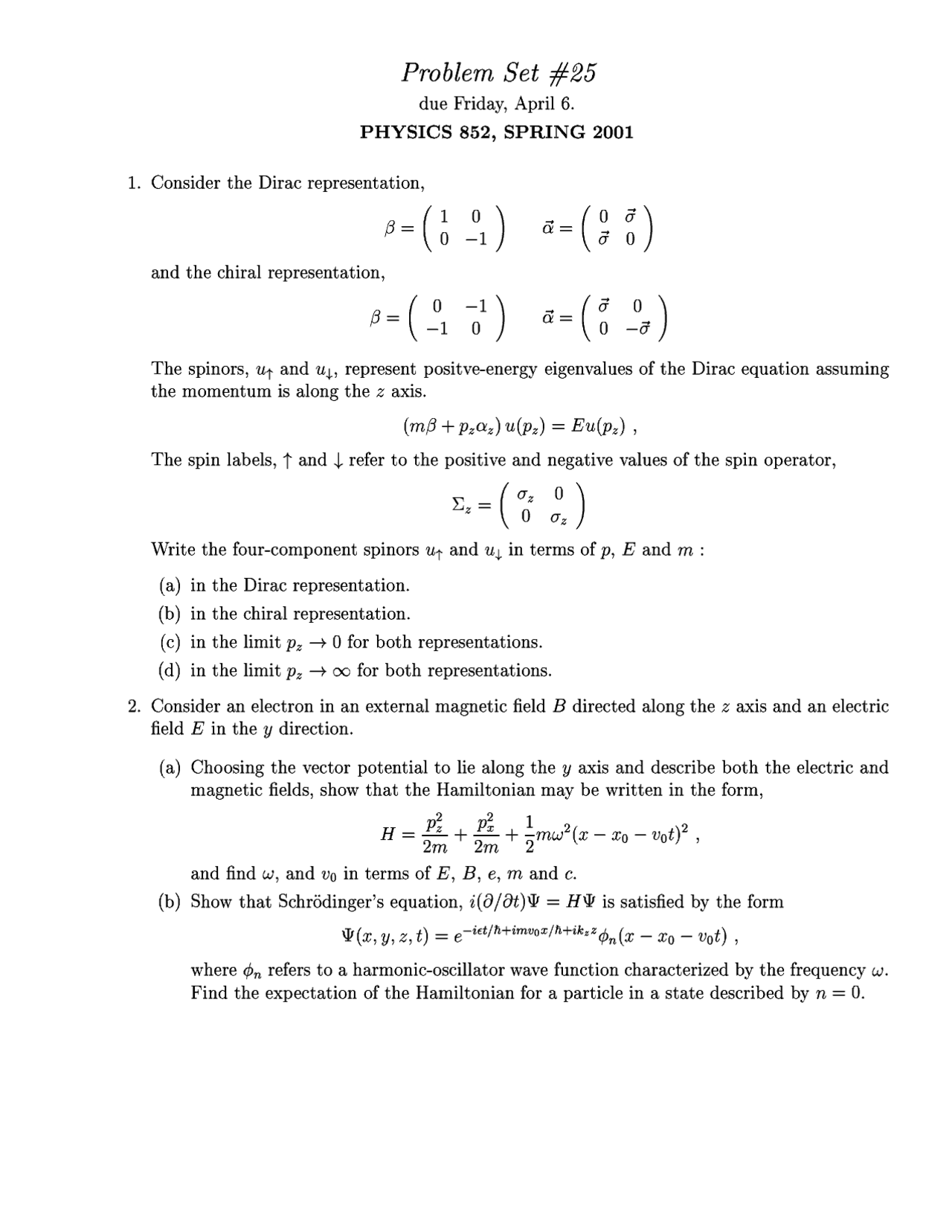 Problem Set 25 - Quantum Mechanics I | PHY 851 - Docsity