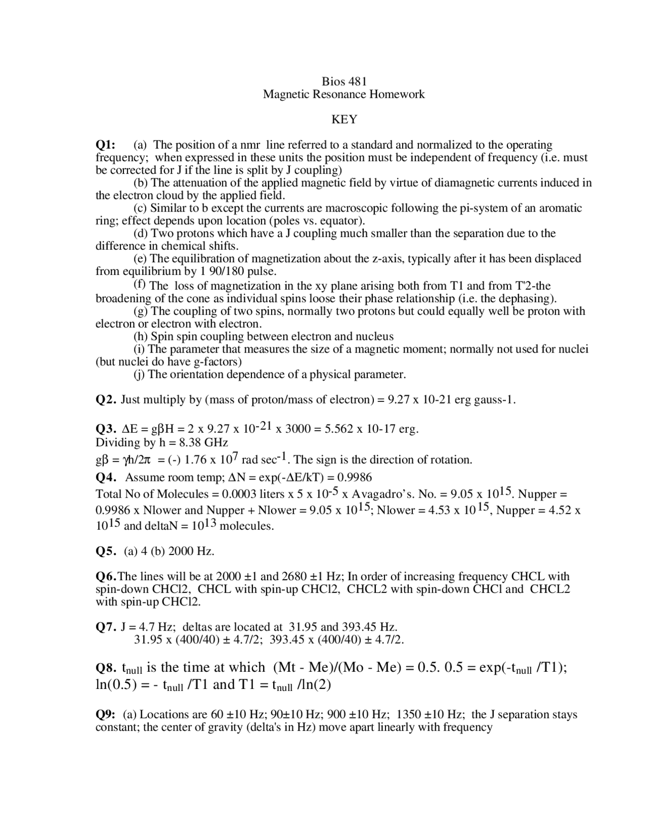 Solutions To Magnetic Resonance Homework Bios 481 Docsity