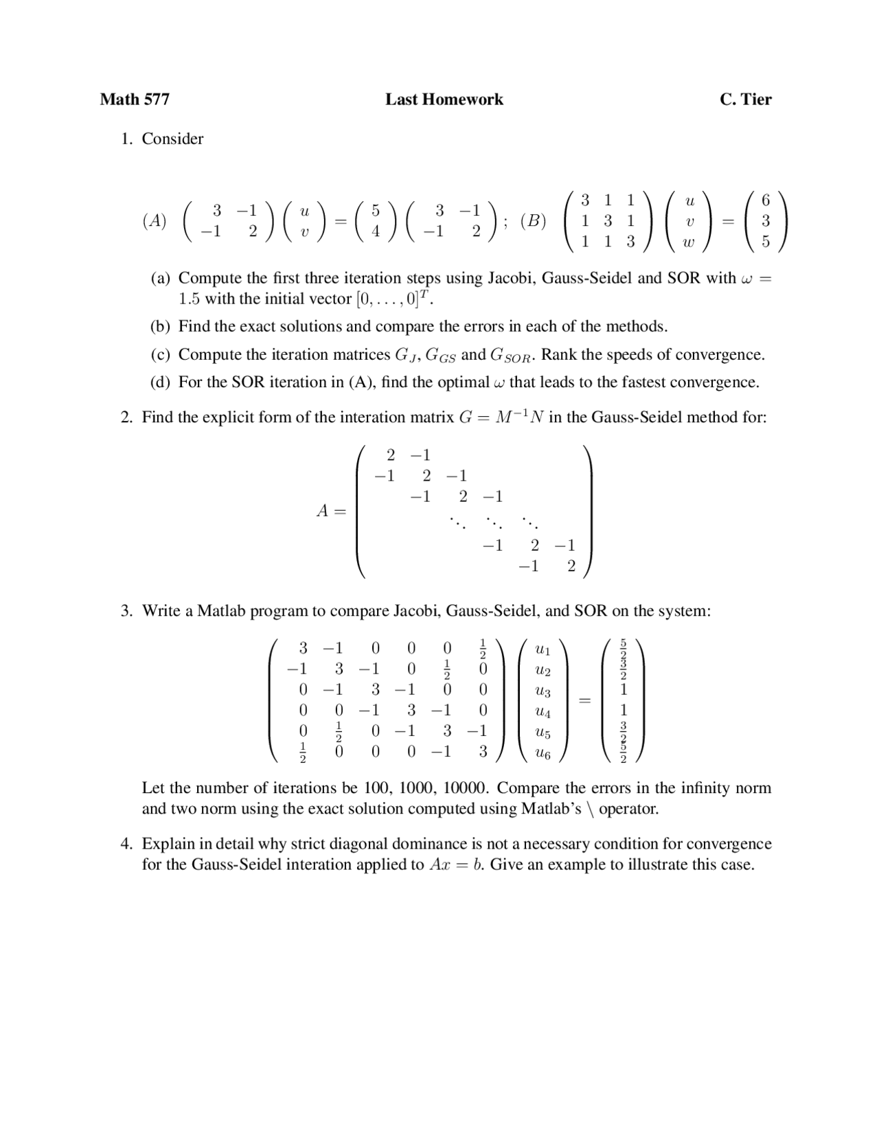Homework With 4 Questions Numerical Linear Algebra Math 477 Docsity