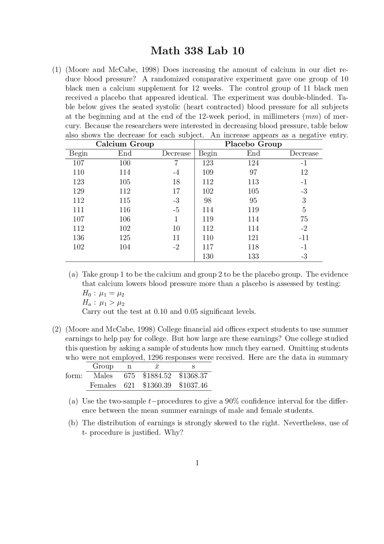 Lab 10 Statistics Applied To Natural Sciences Math 338 Docsity