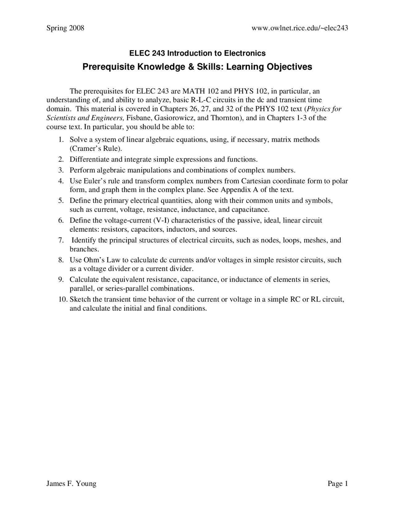 Prerequisite Knowledge and Skills: Learning Objectives | ELEC 243 - Docsity