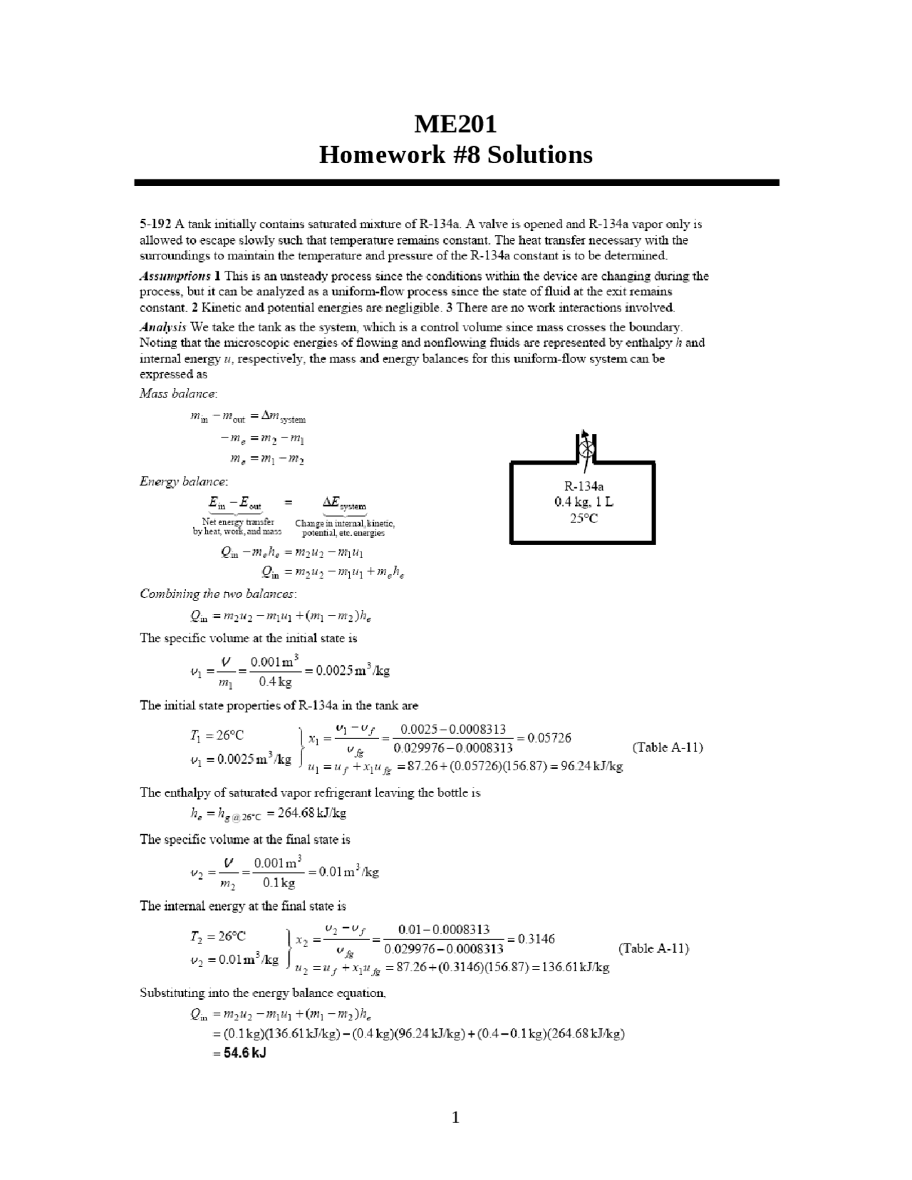 Homework 8 Solutions For Thermodynamics Me 201 Docsity