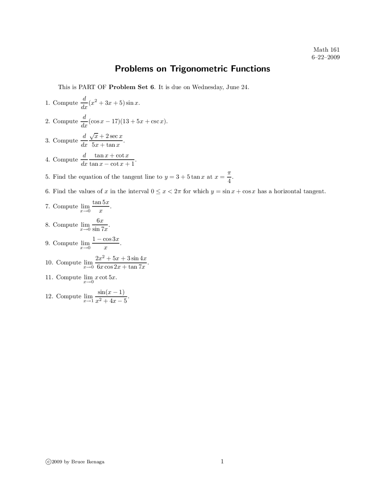 Problems On Trigonometric Functions Calculus 1 Math 161 Docsity