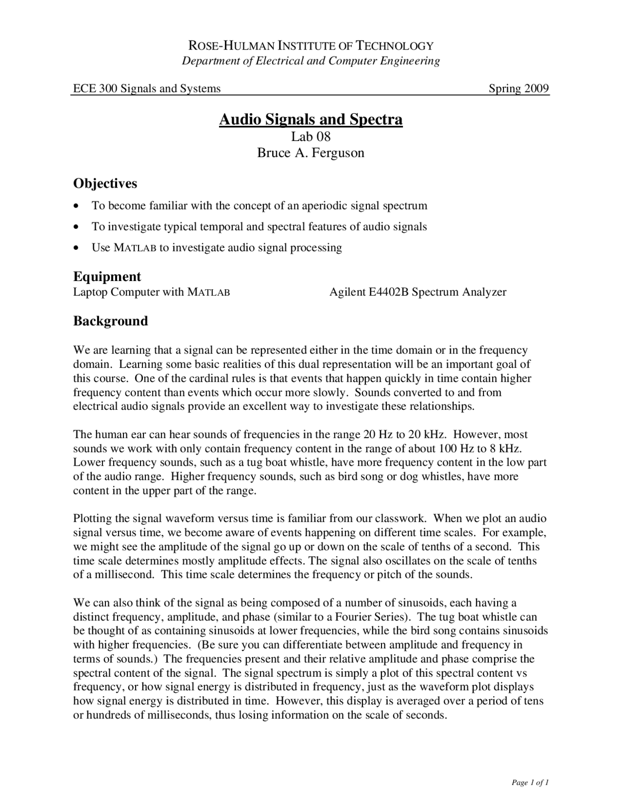 Audio Signals And Spectra Laboratory 8 Report Ece 300 Docsity